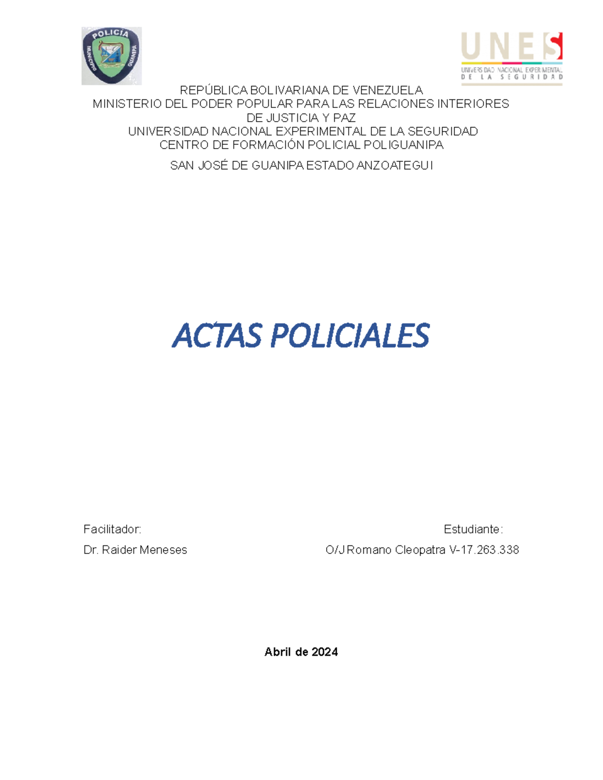 Actas policiales - REPÚBLICA BOLIVARIANA DE VENEZUELA MINISTERIO DEL PODER POPULAR PARA LAS ...