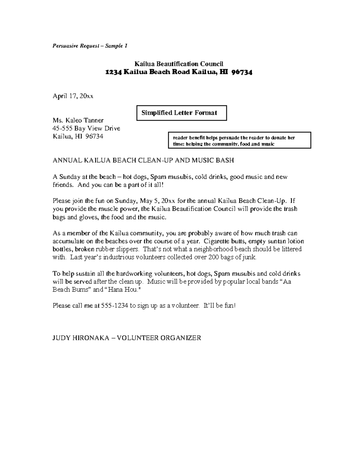 AIDA Format Sample - Persuasive Request – Sample 1 Kailua ...