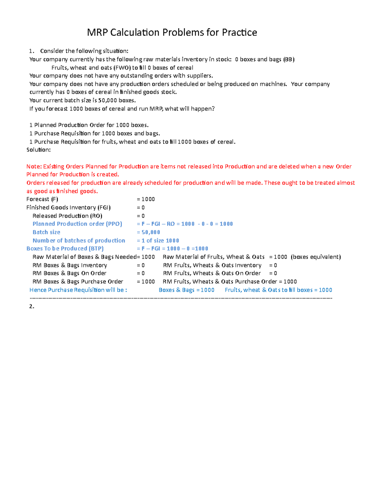 MRP Calculation Problems for Practice - Detailed Solution Key(1) - MRP ...
