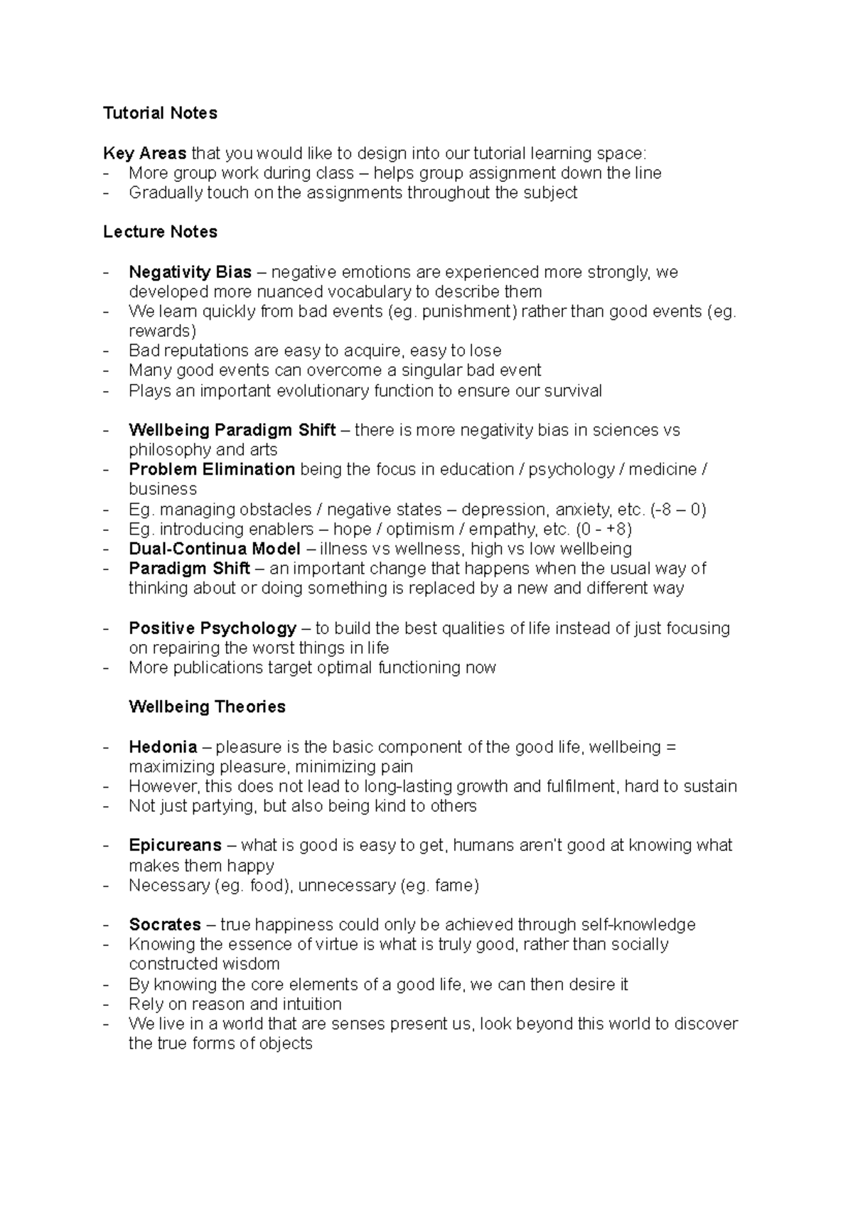 Week 1 Notes - Week 1 ONLY - Tutorial Notes Key Areas that you would ...