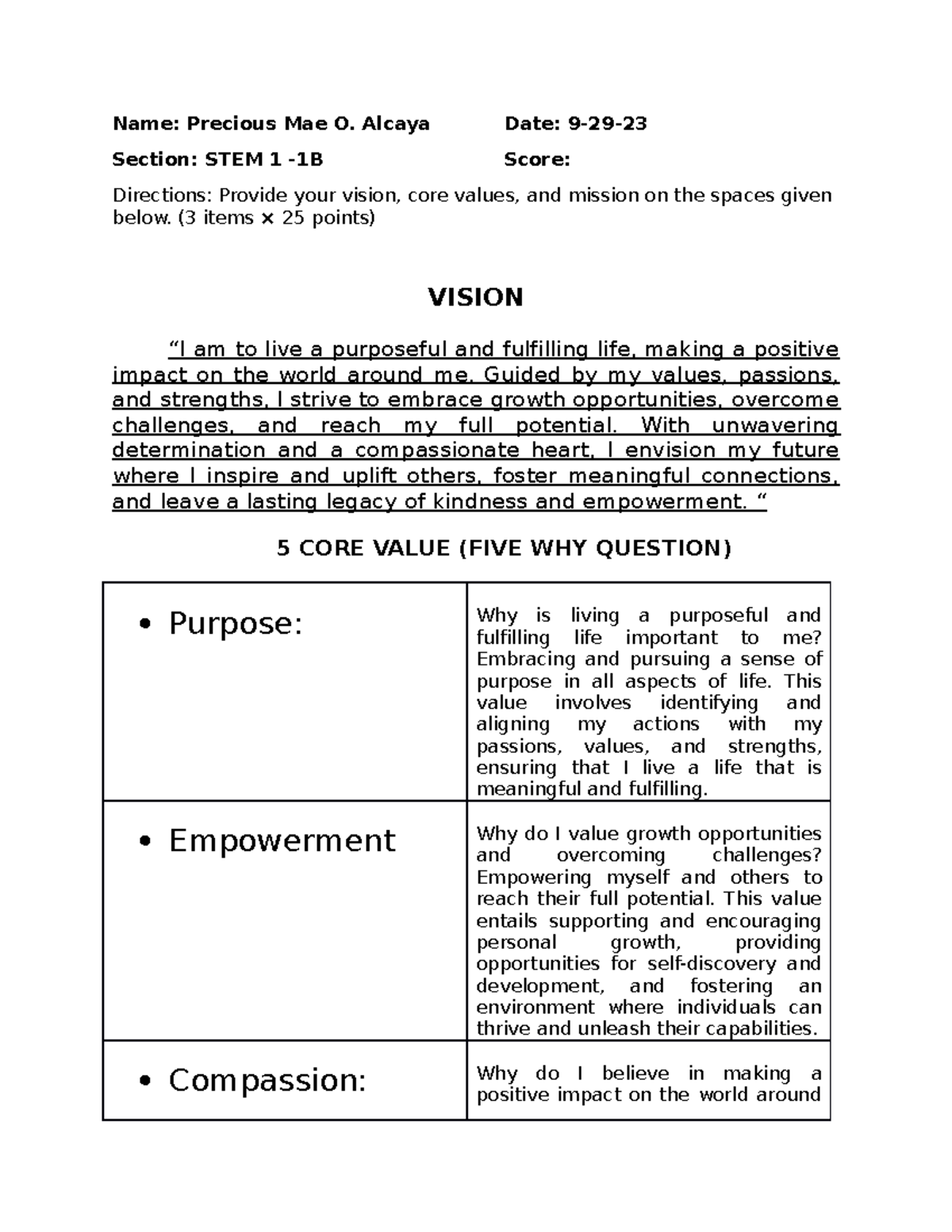 2 Worksheet 2 - Directions: Provide your vision, core values, and ...