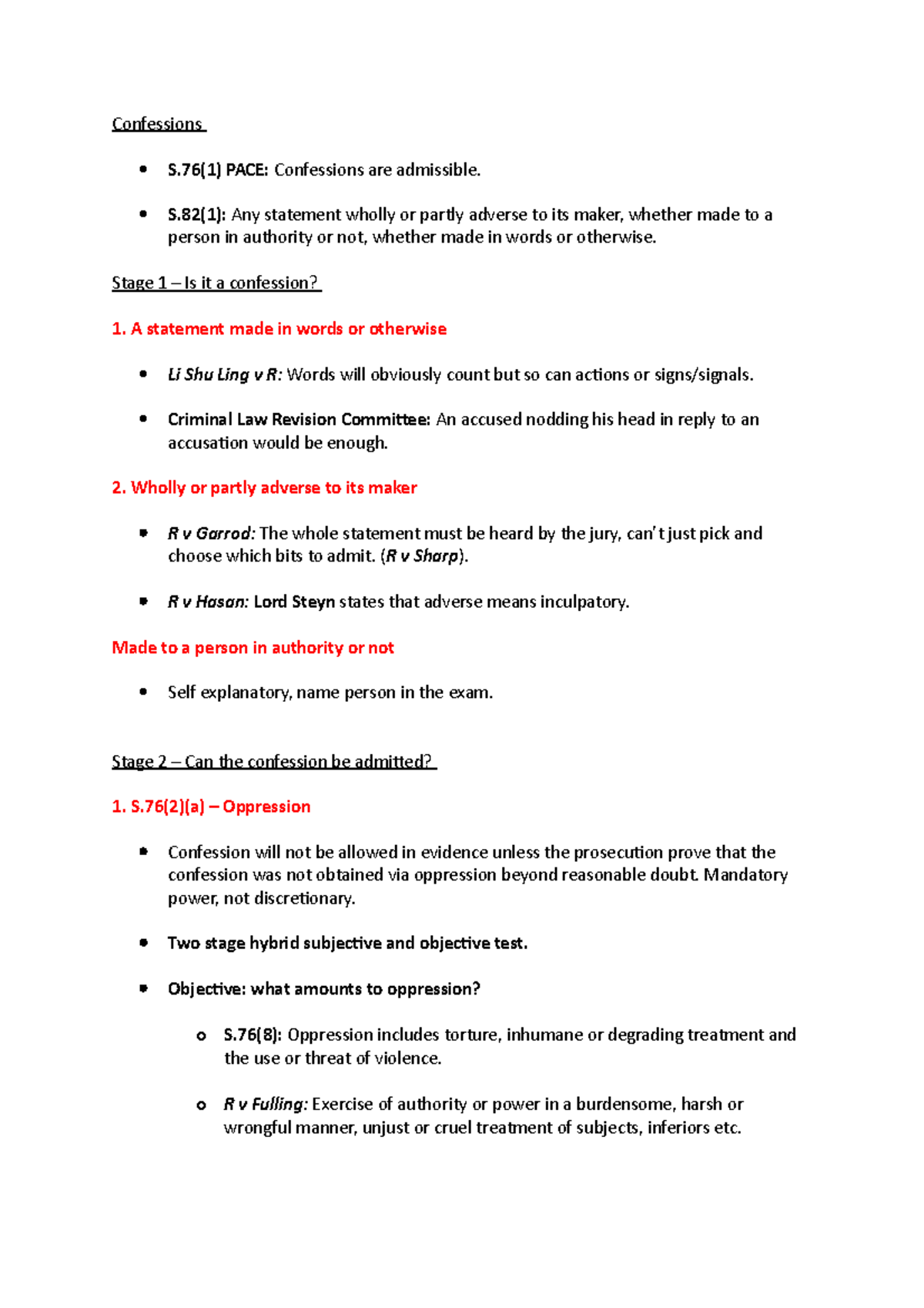 Confessions exam revision document - Confessions S(1) PACE: Confessions are admissible. S(1 ...