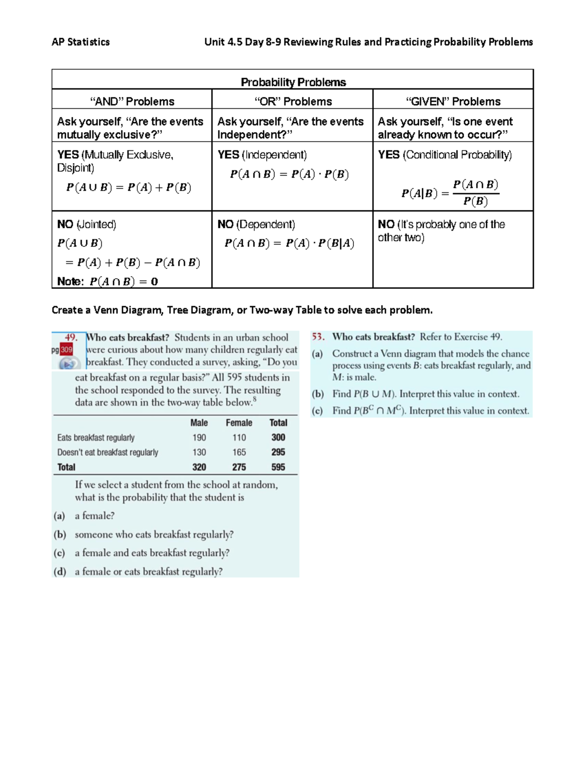 Unit 4.5 Day 8-9 Reviewing Rules and Practicing Probability Problems ...