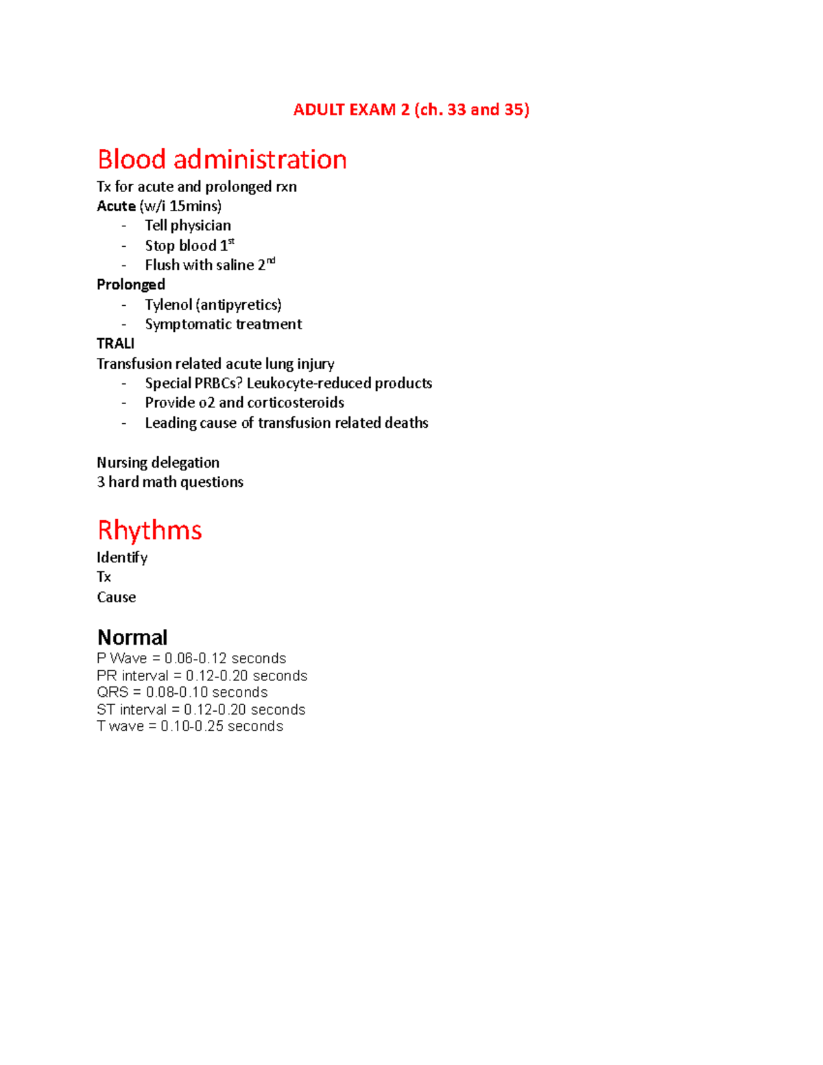 Class review of adult - cardio - ADULT EXAM 2 (ch. 33 and 35) Blood ...