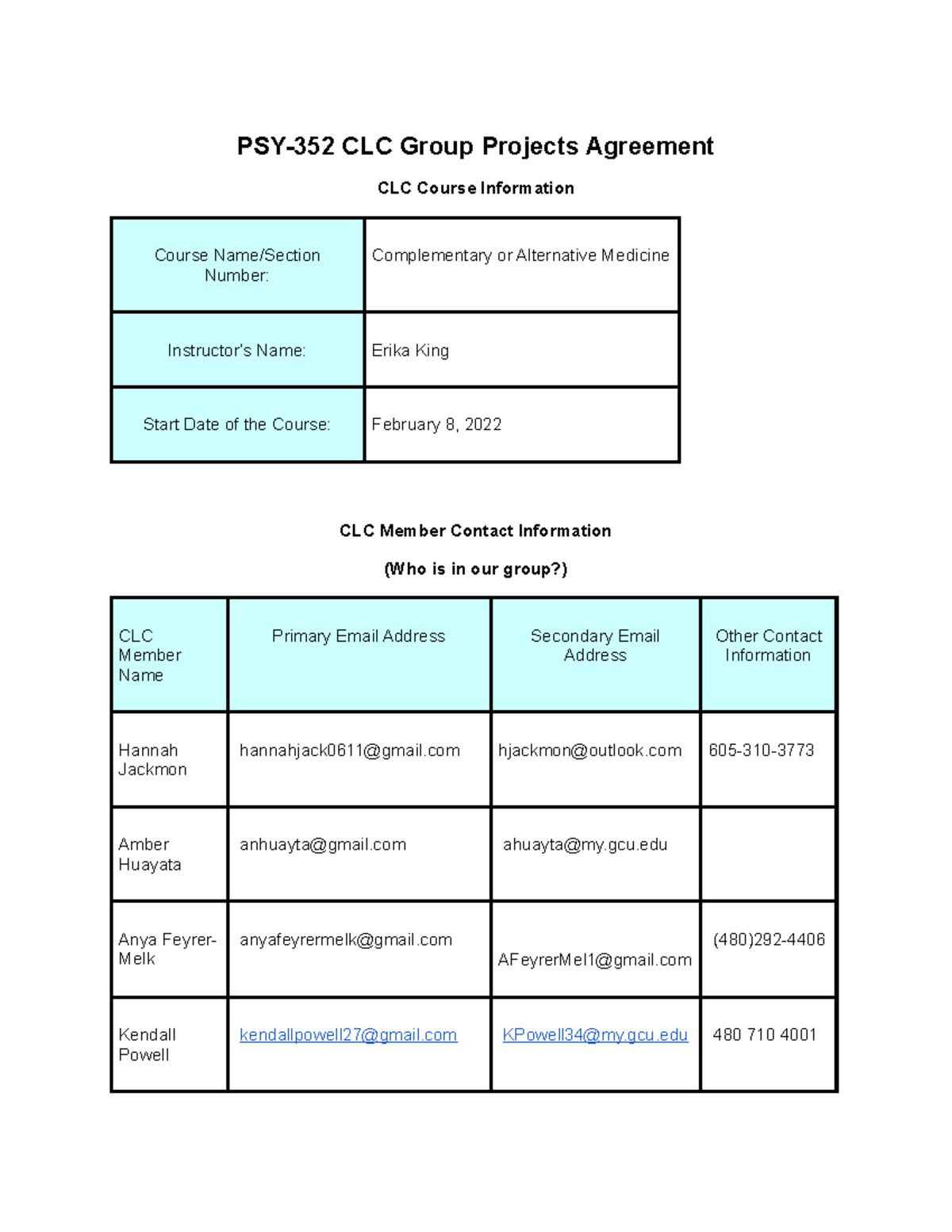 Agreement form - PSY-352 CLC Group Projects Agreement CLC Course ...
