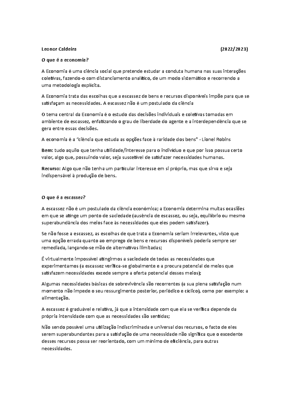 Resumo Micro-economia - Leonor Caldeira (2022/2023) O que é a economia ...