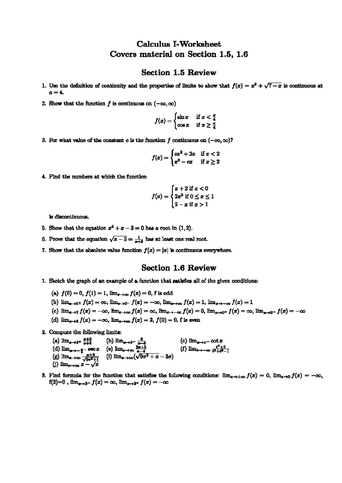 W7 - Worksheet - Calculus Covers material on Section 1, 1 Section 1 ...
