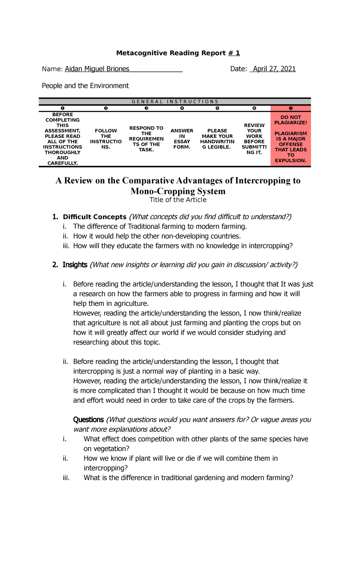 Metacognitive Reading Report - FOLLOW THE INSTRUCTIO NS. RESPOND TO THE ...