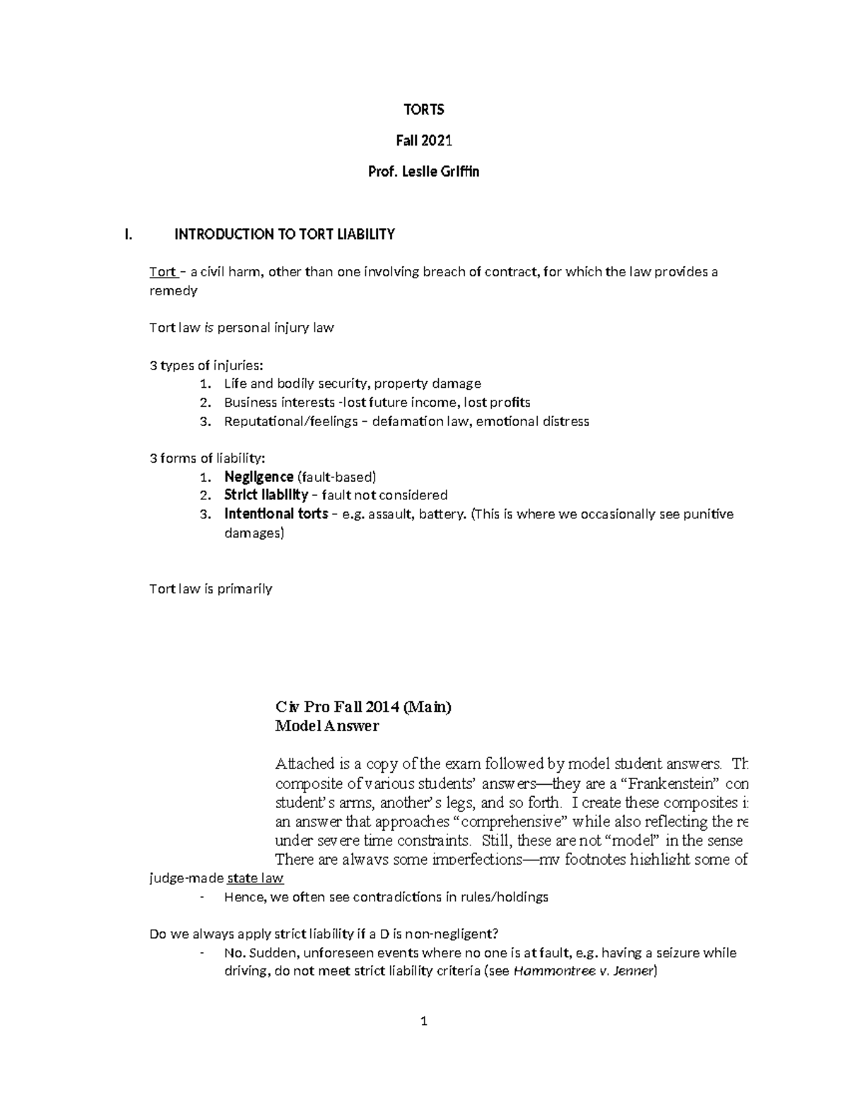 Griffin Torts Outline - TORTS Fall 2021 Prof. Leslie Griffin I ...