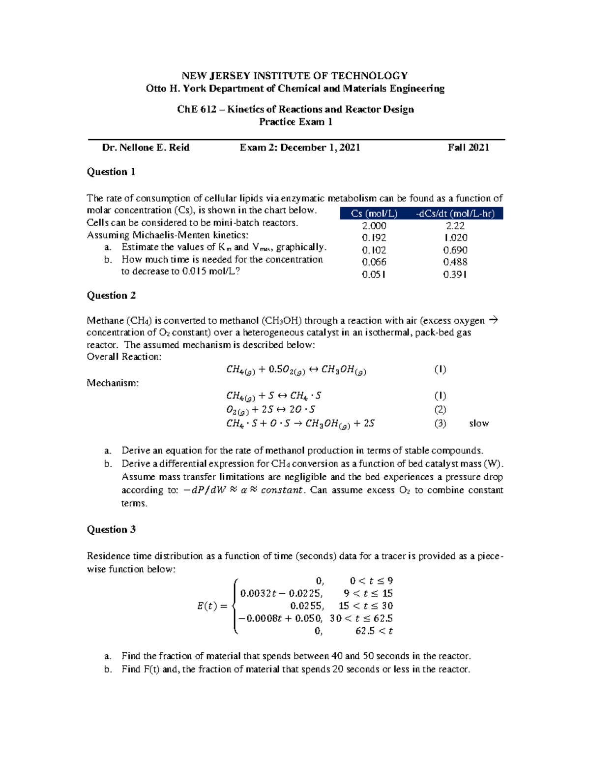 Ch E612 Practice Exam 2 2021 - NEW JERSEY INSTITUTE OF TECHNOLOGY Otto ...