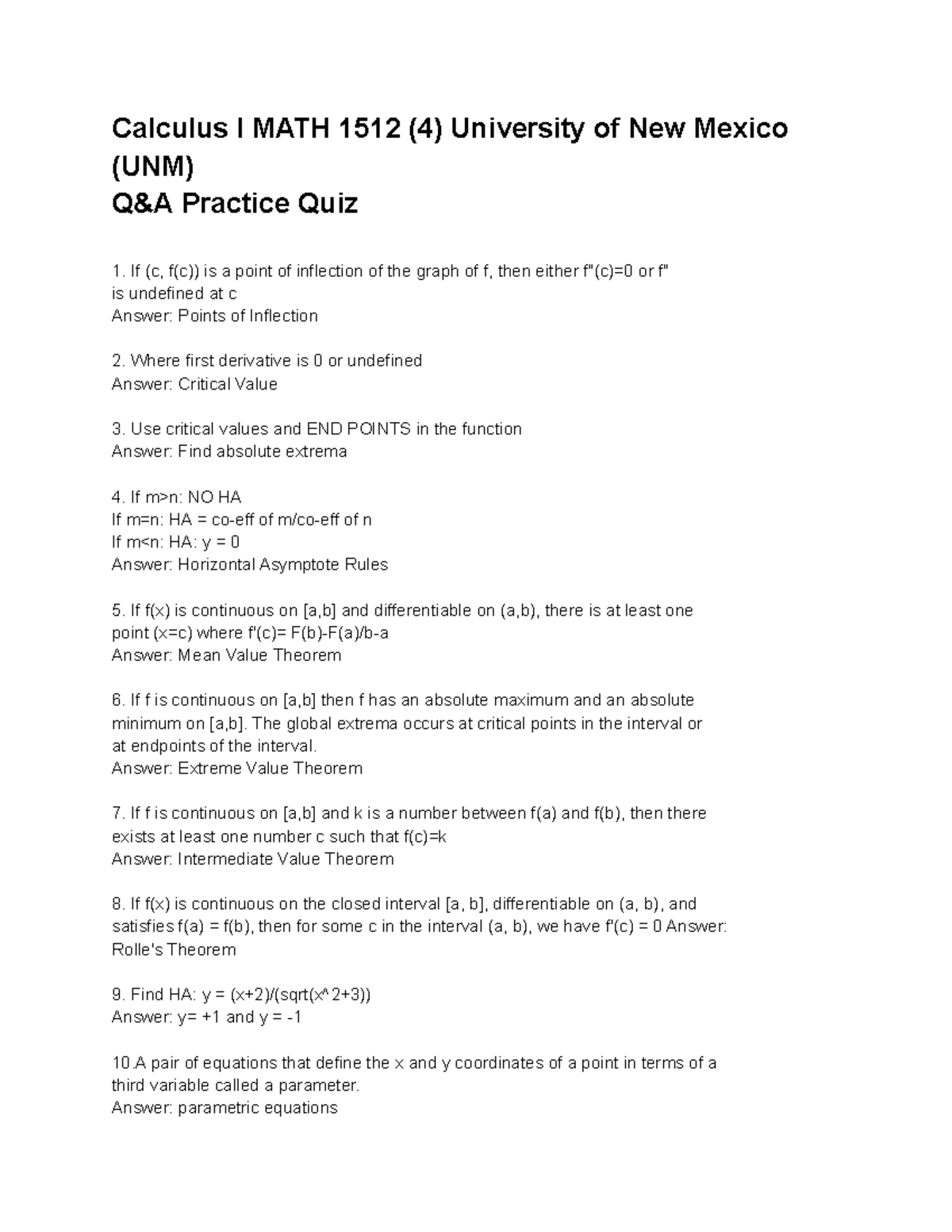 Math Practice Quiz - Calculus I MATH 1512 (4) University of New Mexico ...