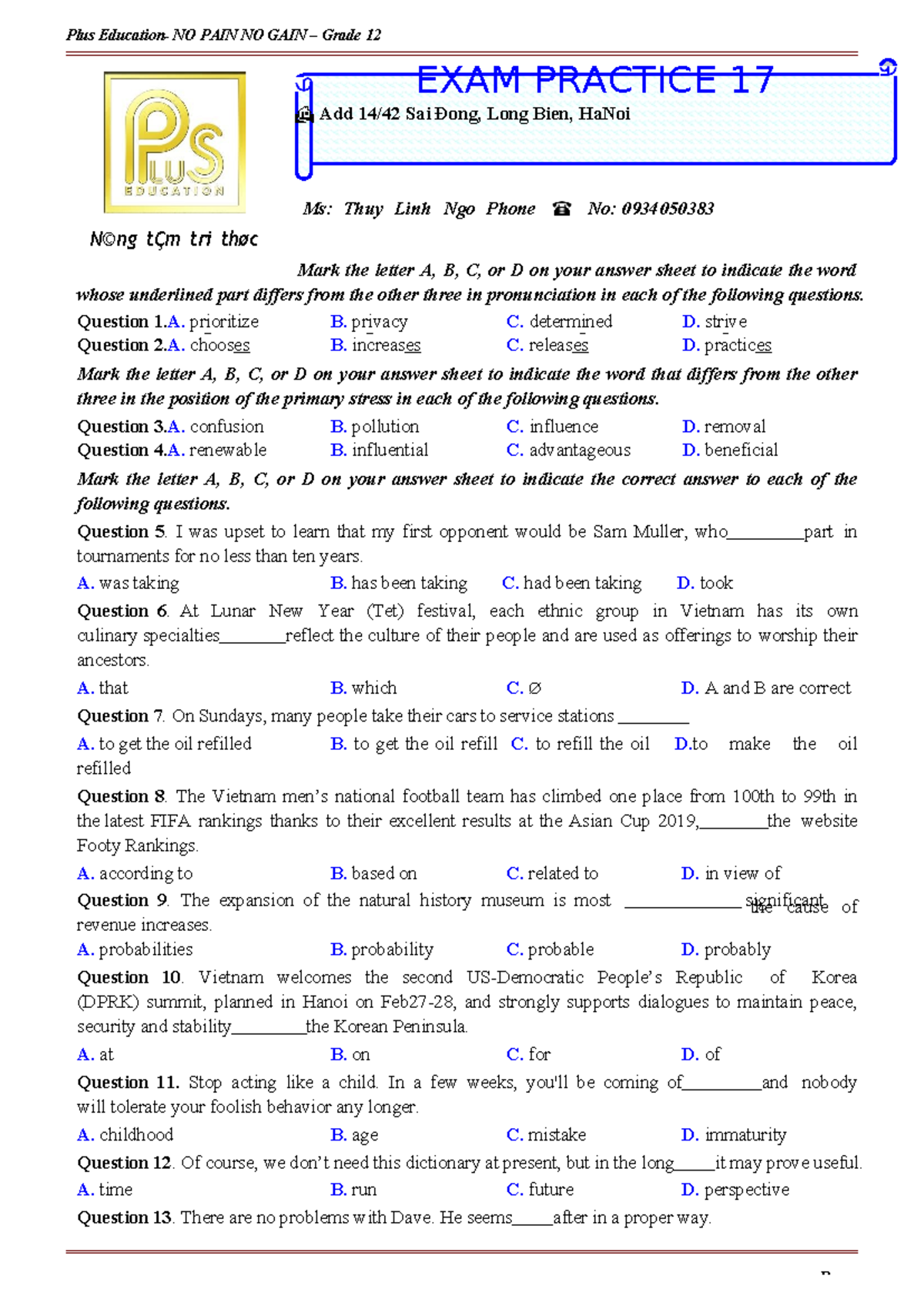 Practice test 17 - EXAM PRACTICE 17 Add 14/42 Sai Đong, Long Bien ...