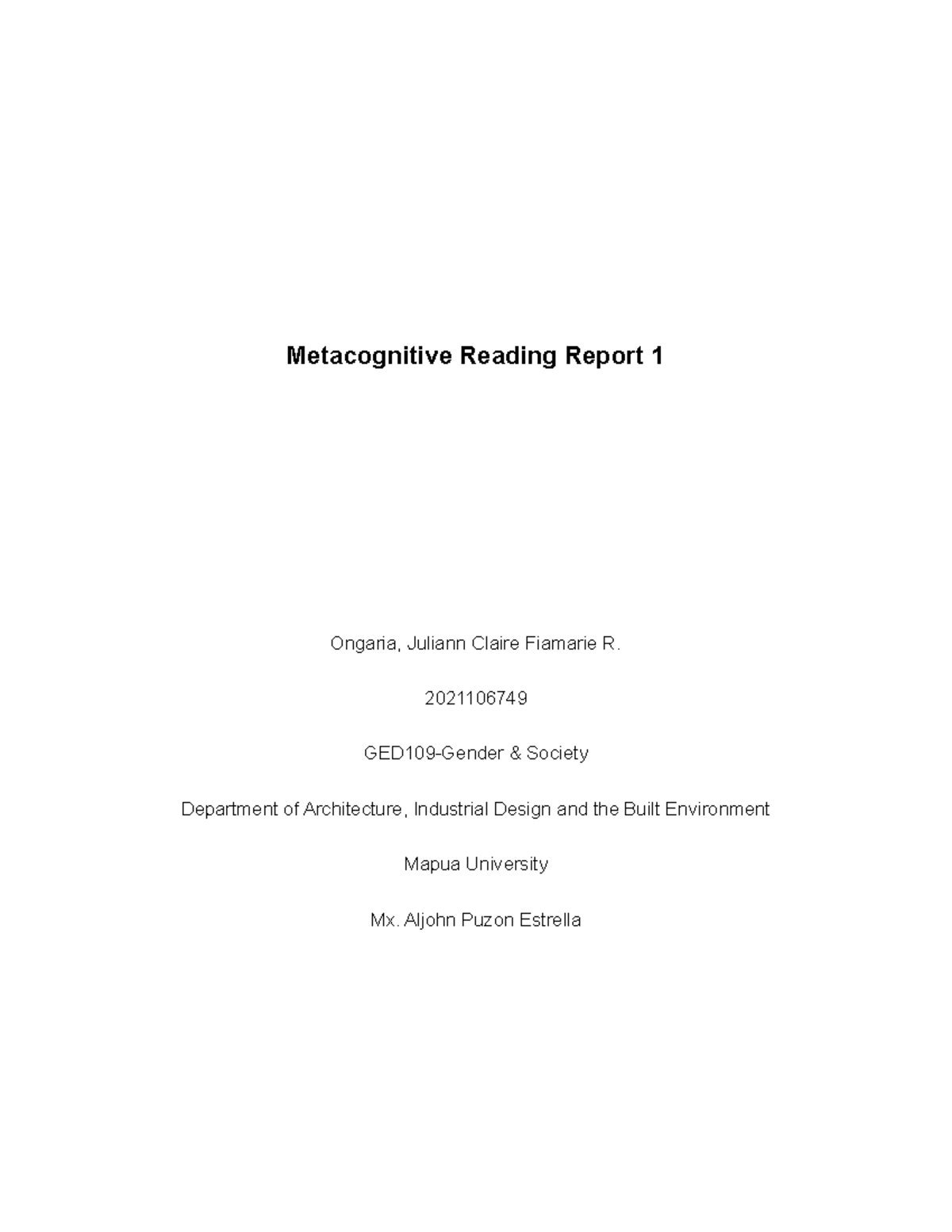 Metacognitive Reading Report - 2021106749 GED109-Gender & Society ...