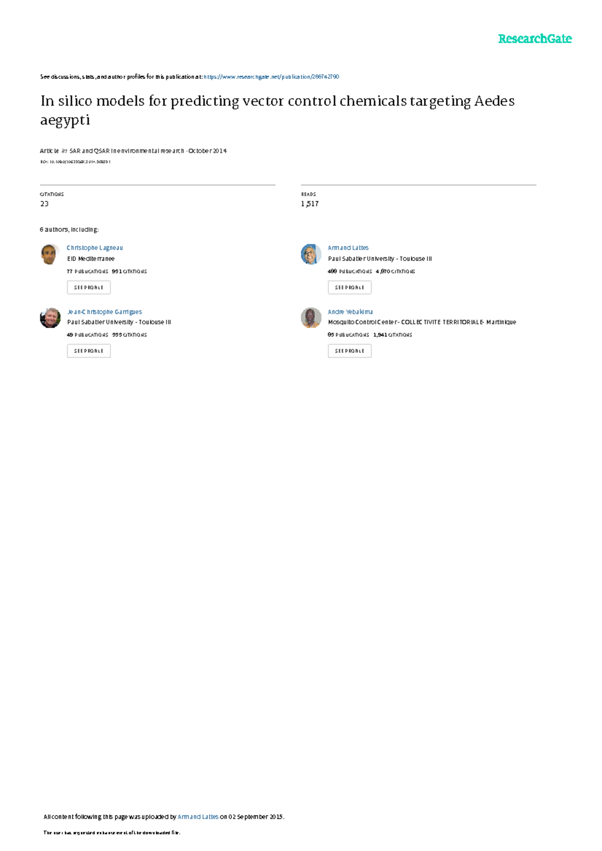 In silico models for predicting vector control - See discussions, stats ...