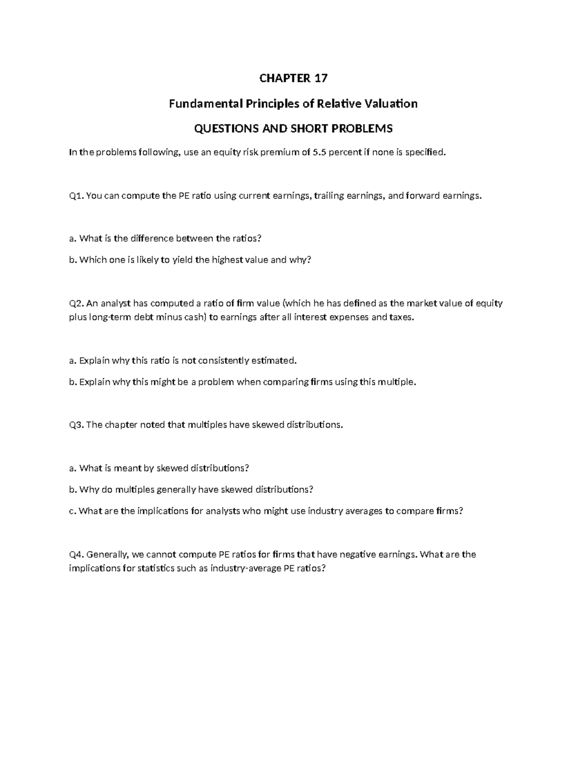 Ch. 17- Fundamental Principles of Relative Valuation- Questions AND Short Problems - CHAPTER 17 ...
