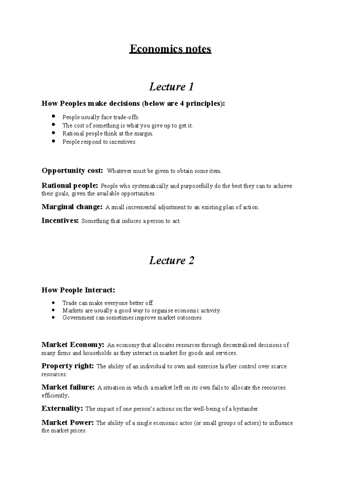 Economics notes - A brief note - Economics notes Lecture 1 How Peoples ...