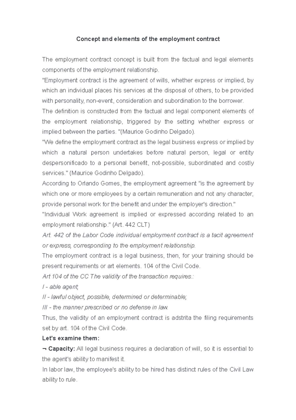 Employment contract concept and elements - Concept and elements of the ...