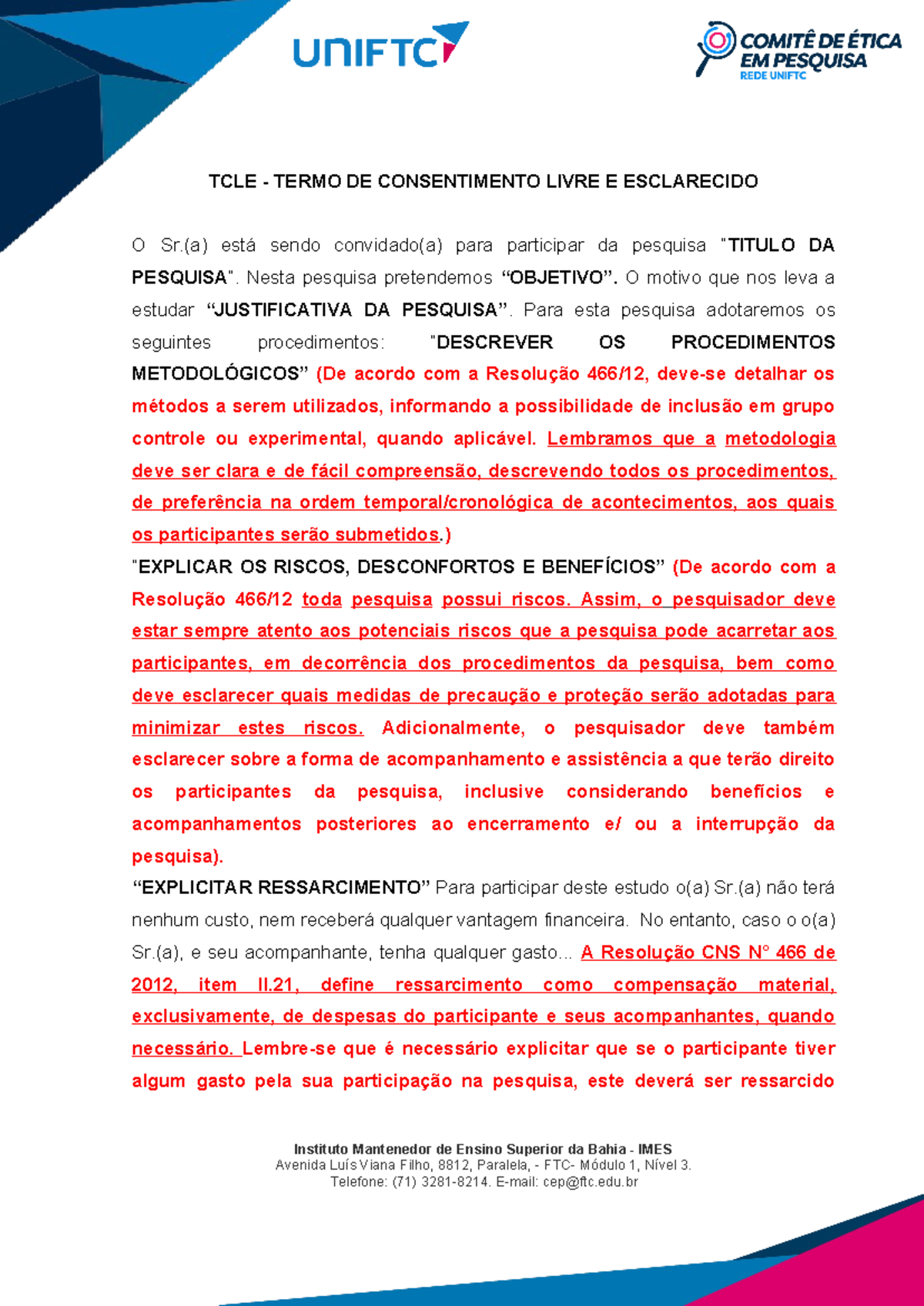 Modelo de O Termo de Consentimento Livre e Esclarecido - TCLE - TERMO ...