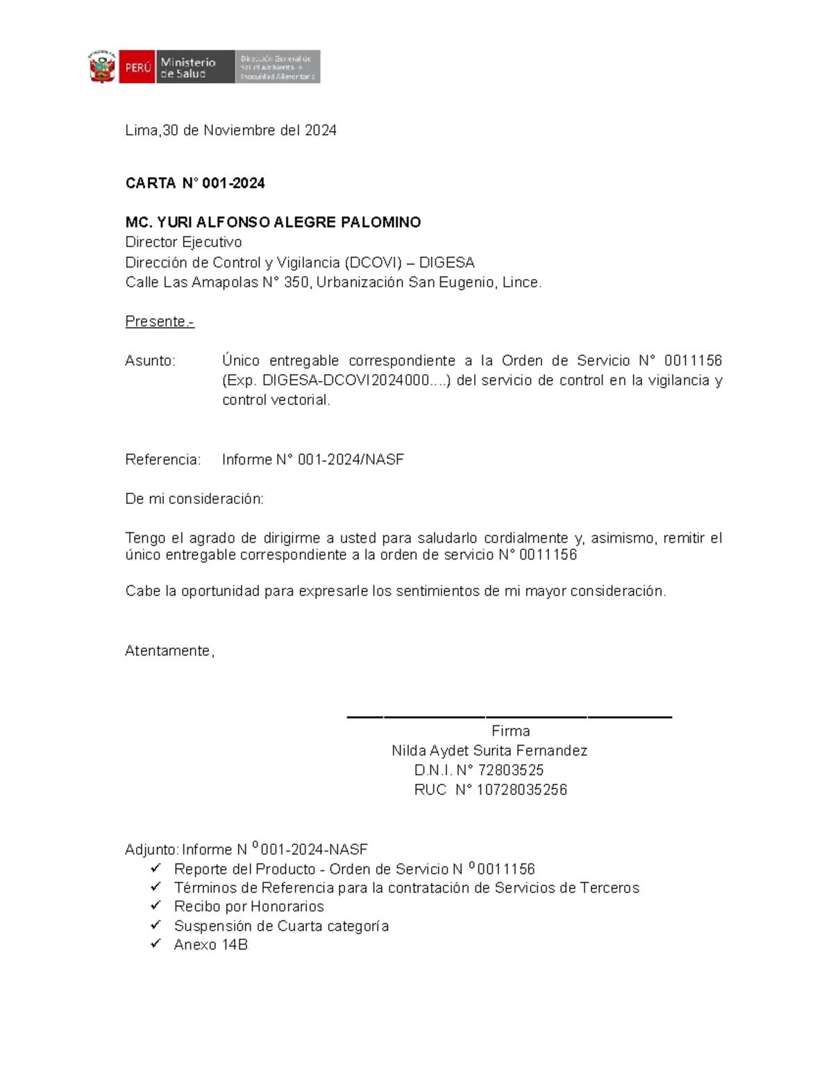 Nilda - TYHJK - Lima,30 de Noviembre del 2024 CARTA N° 001- MC. YURI ...