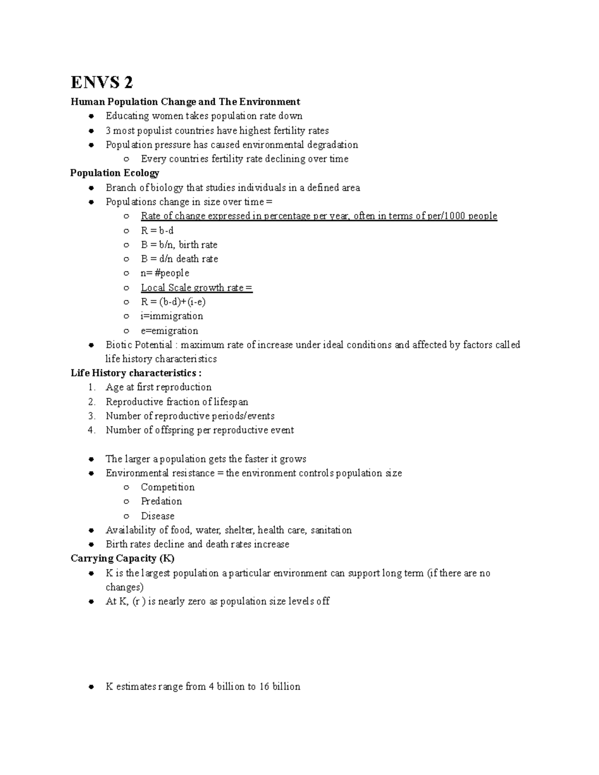Notes for lecture - ENVS 2 Human Population Change and The Environment ...