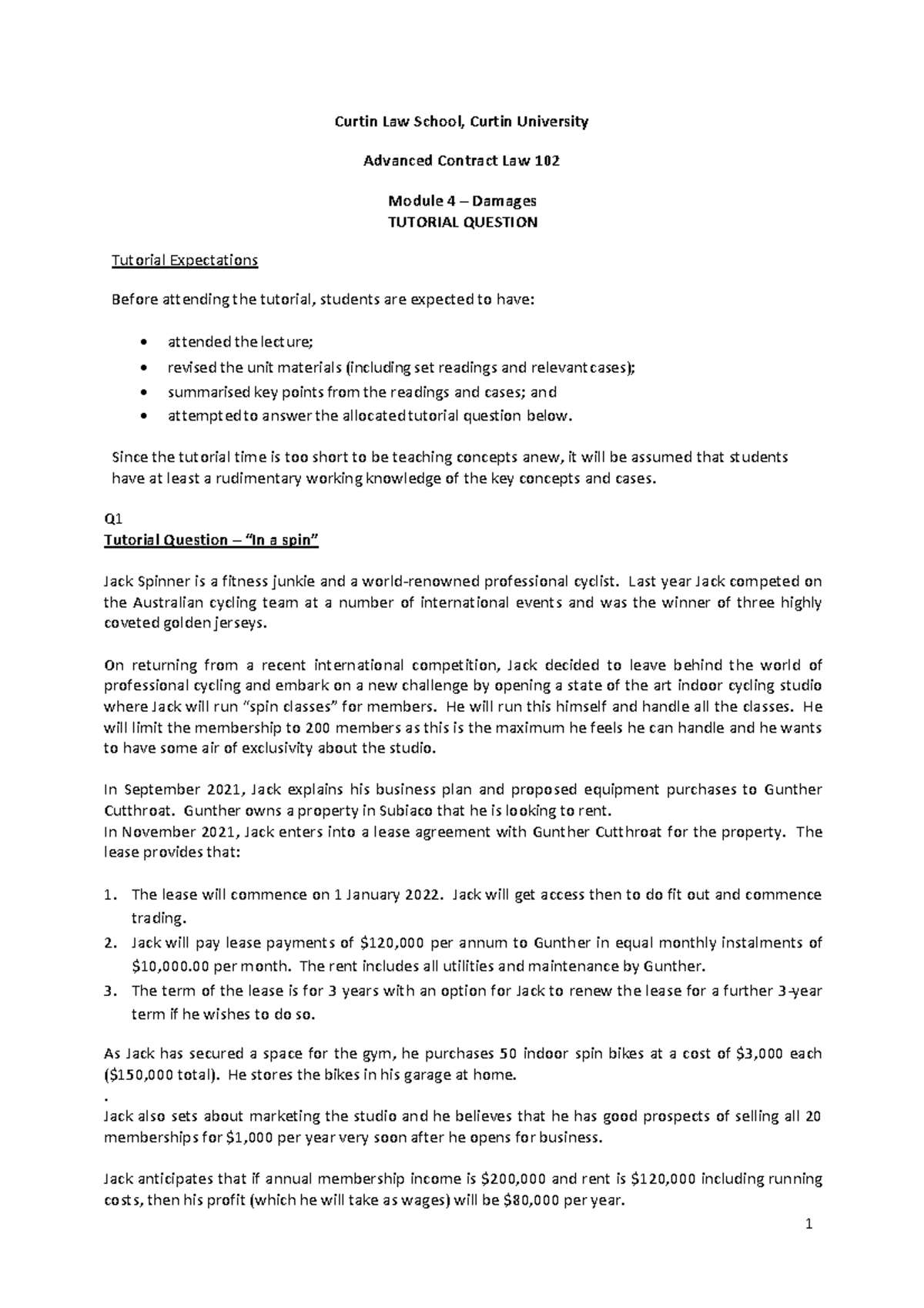 Advanced Contract Law - M4 Damages - Tutorial Question - 1 Curtin Law ...