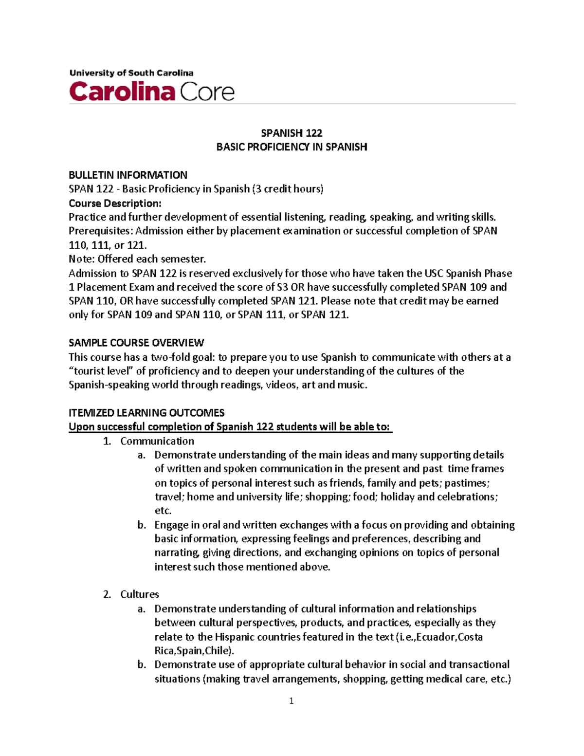 Span122 - syllabus - SPANISH 122 BASIC PROFICIENCY IN SPANISH BULLETIN ...