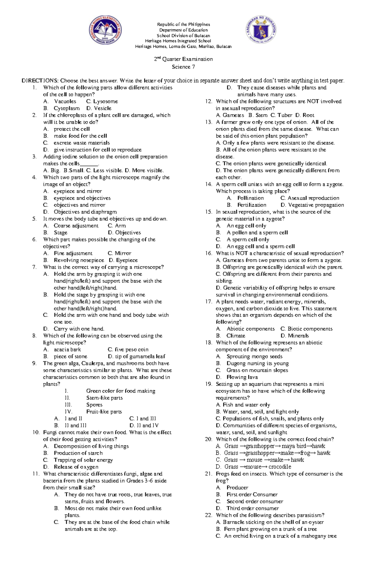 434371979 Science 7 exam biology - Republic of the Philippines ...