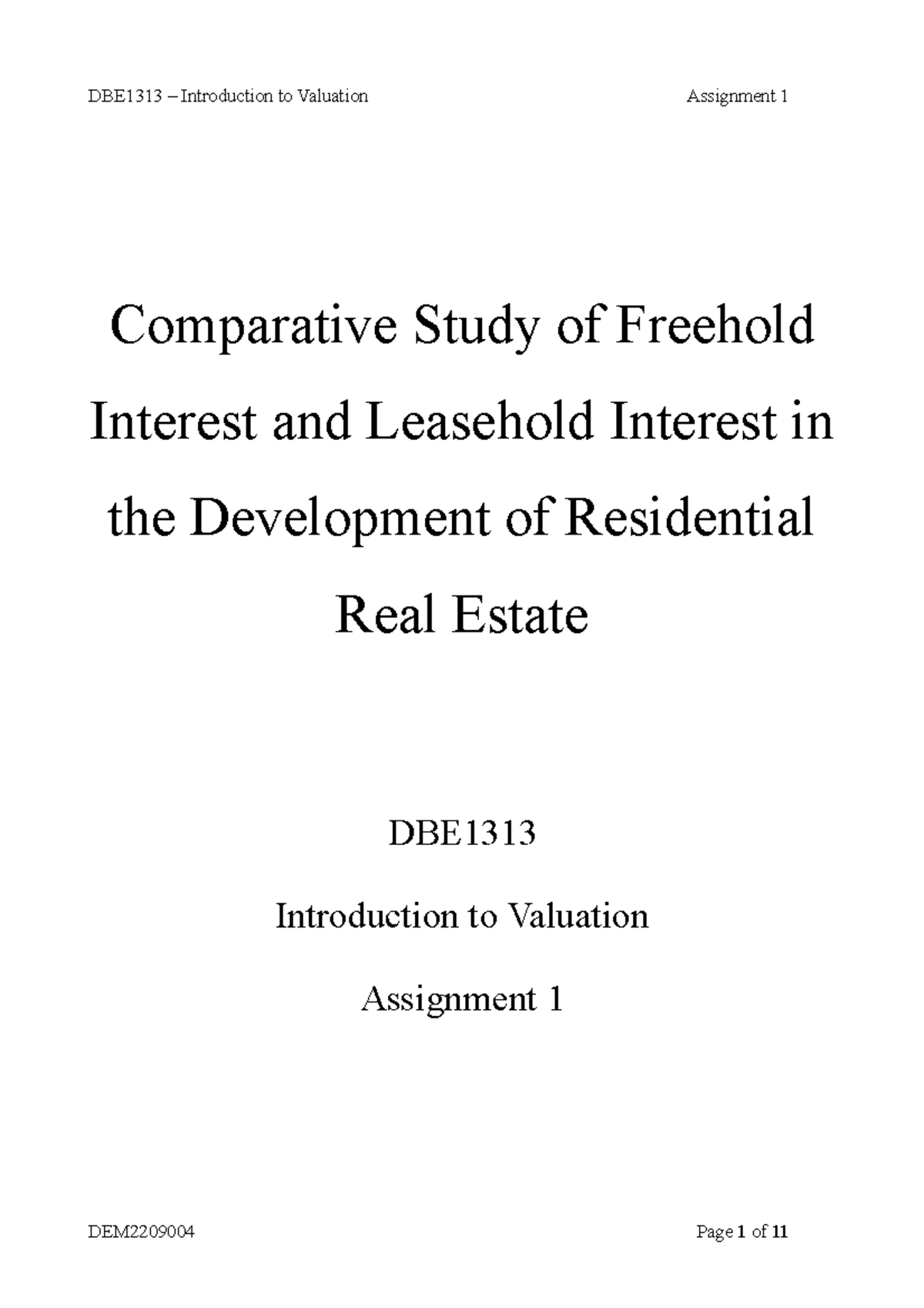 DBE1313 Intoduction to Valuation 2209004 - Comparative Study of ...