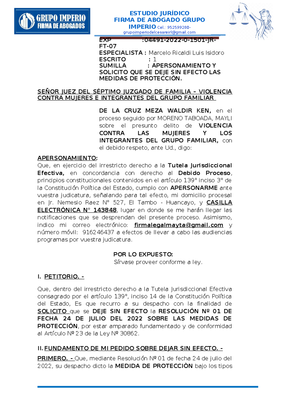 Solicito QUE SE DEJE SIN Efecto LAS Medidas DE Protección - ESTUDIO ...