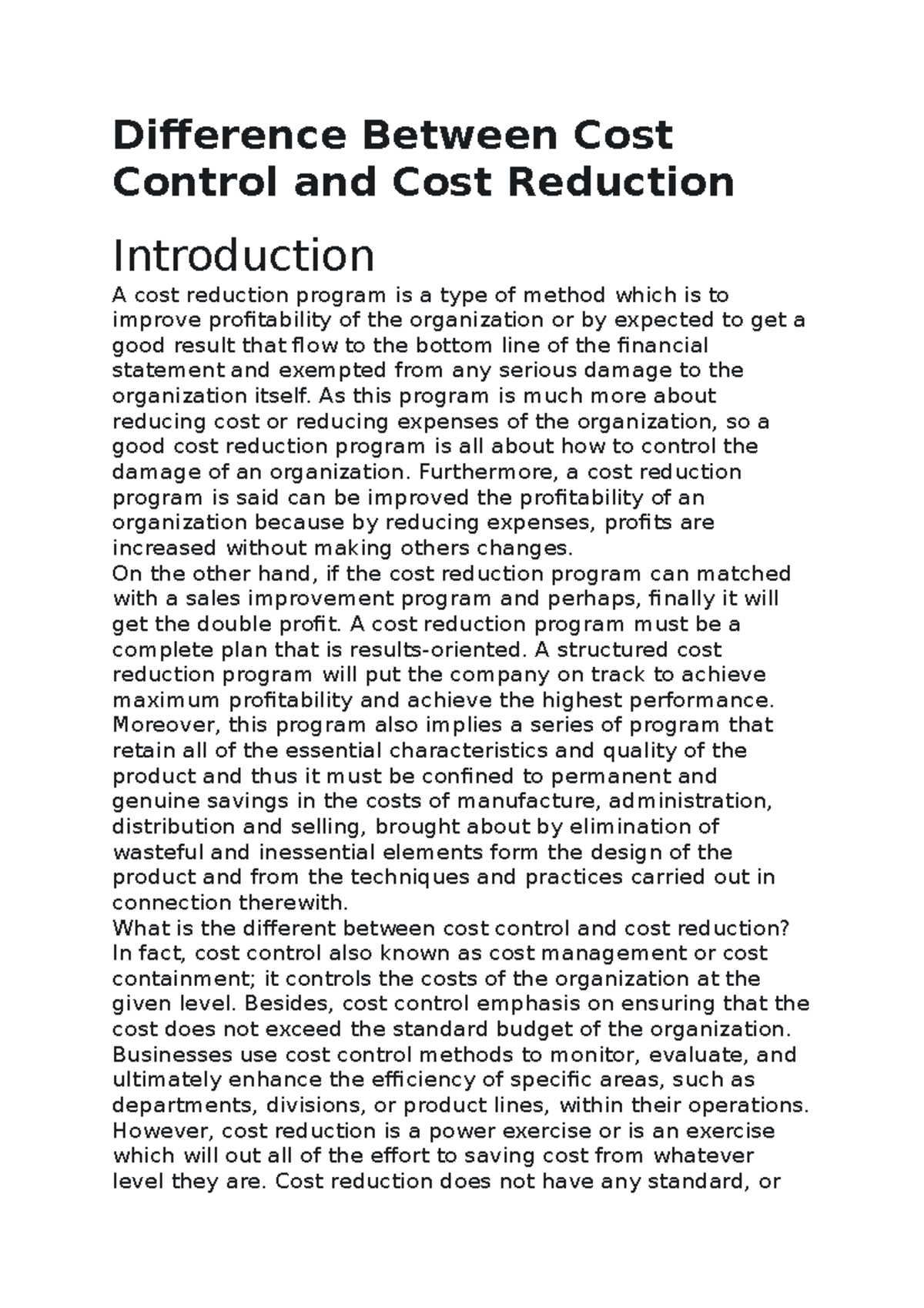 Difference Between Cost Control And Cost Reduction Difference Between Cost Control And Cost