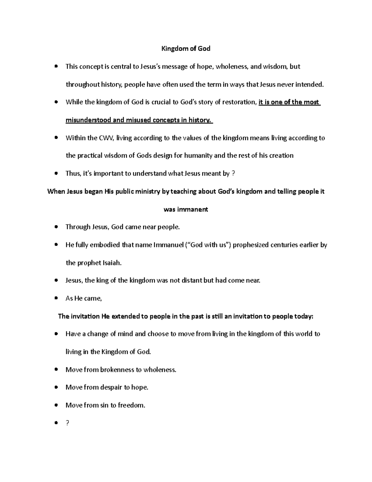 Christian Worldview Unit 7 - Kingdom of God This concept is central to ...