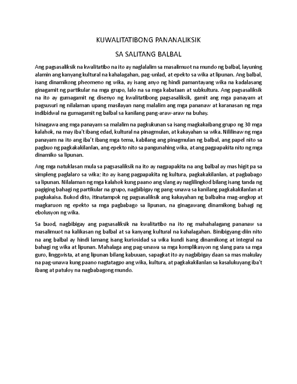 pananaliksik sa balbal na salita - KUWALITATIBONG PANANALIKSIK SA ...