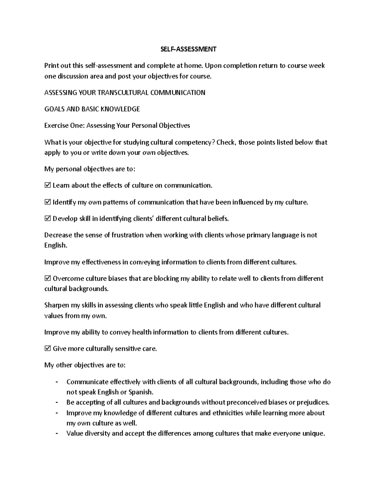 Self Assessment - 87 - Print out this and complete at home. Upon ...