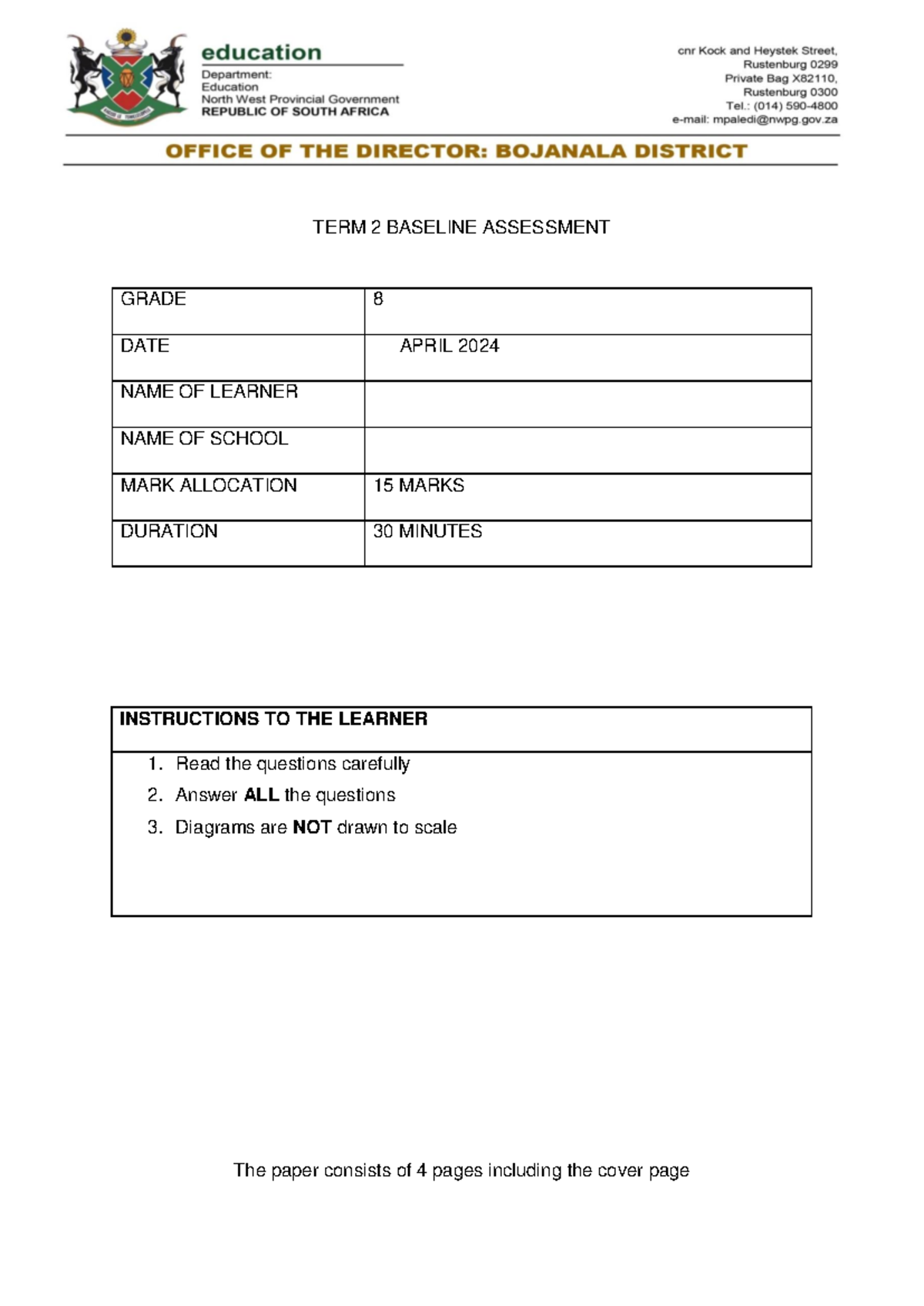 2024 Baseline Assessment Task Grade 8 - TERM 2 BASELINE ASSESSMENT ...