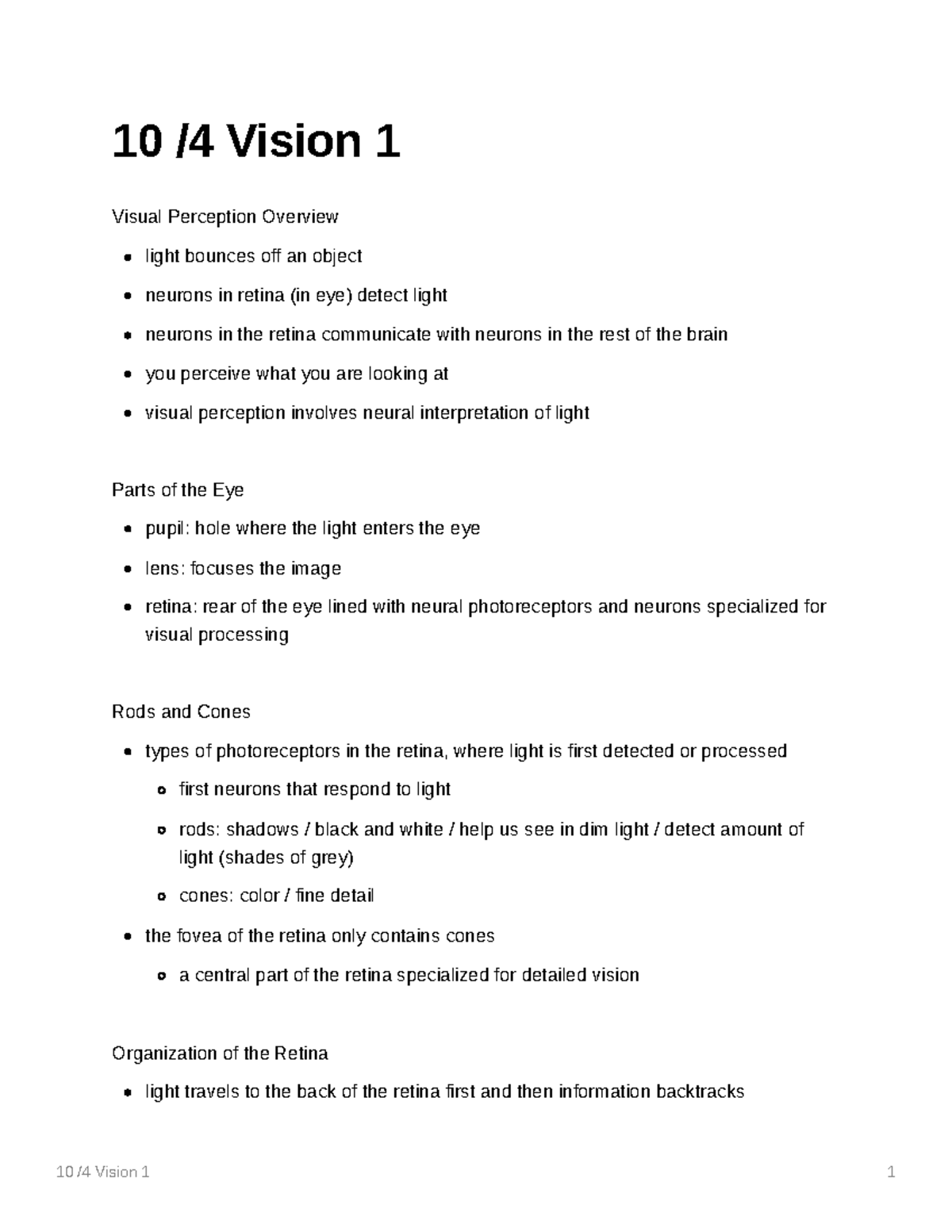 10/4 Vision Part 1 - 10 /4 Vision 1 Visual Perception Overview light ...
