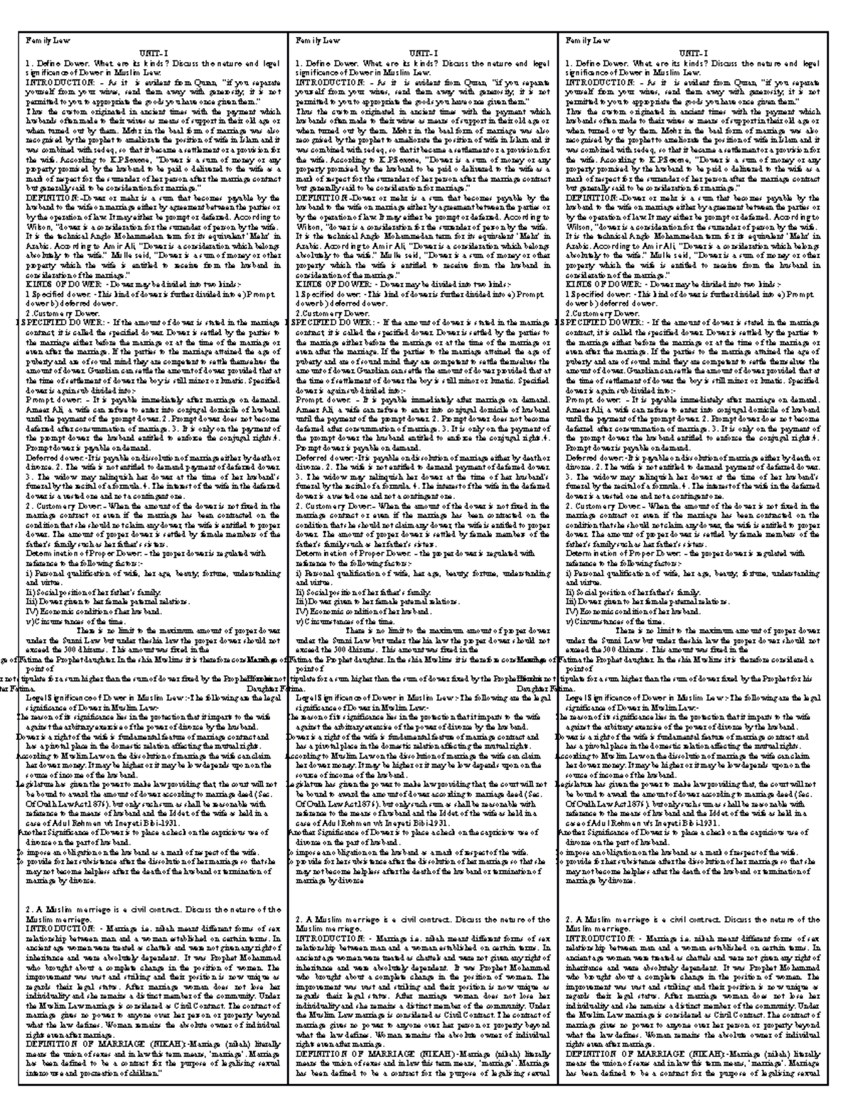 Family law 2 2020 2nd sem - Family Law UNIT- I Define Dower. What are ...