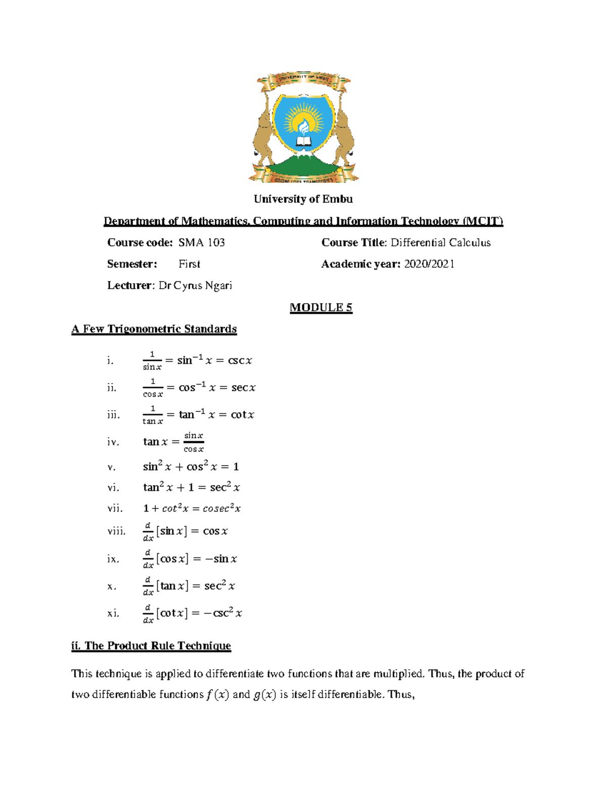 Maths-Module 5 Differential calculus - University of Embu Department of ...