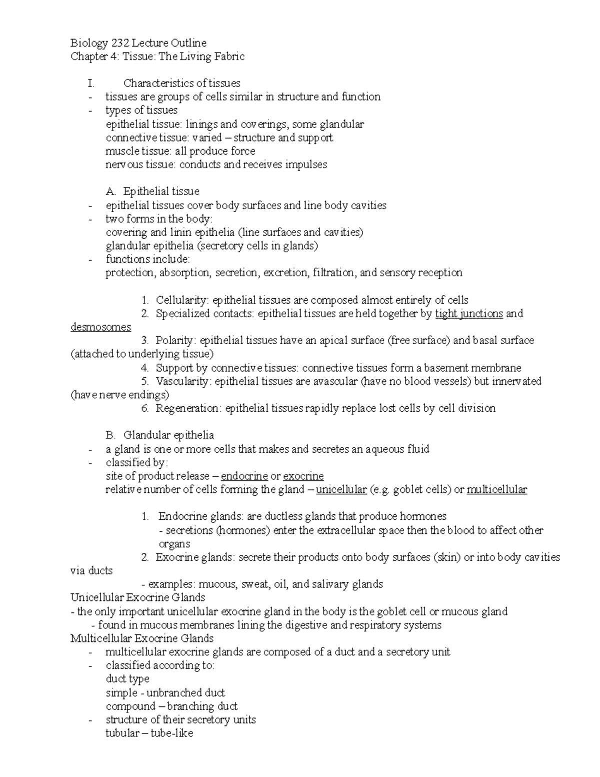 Chapter 4 Outline - Biology 232 Lecture Outline Chapter 4: Tissue: The ...