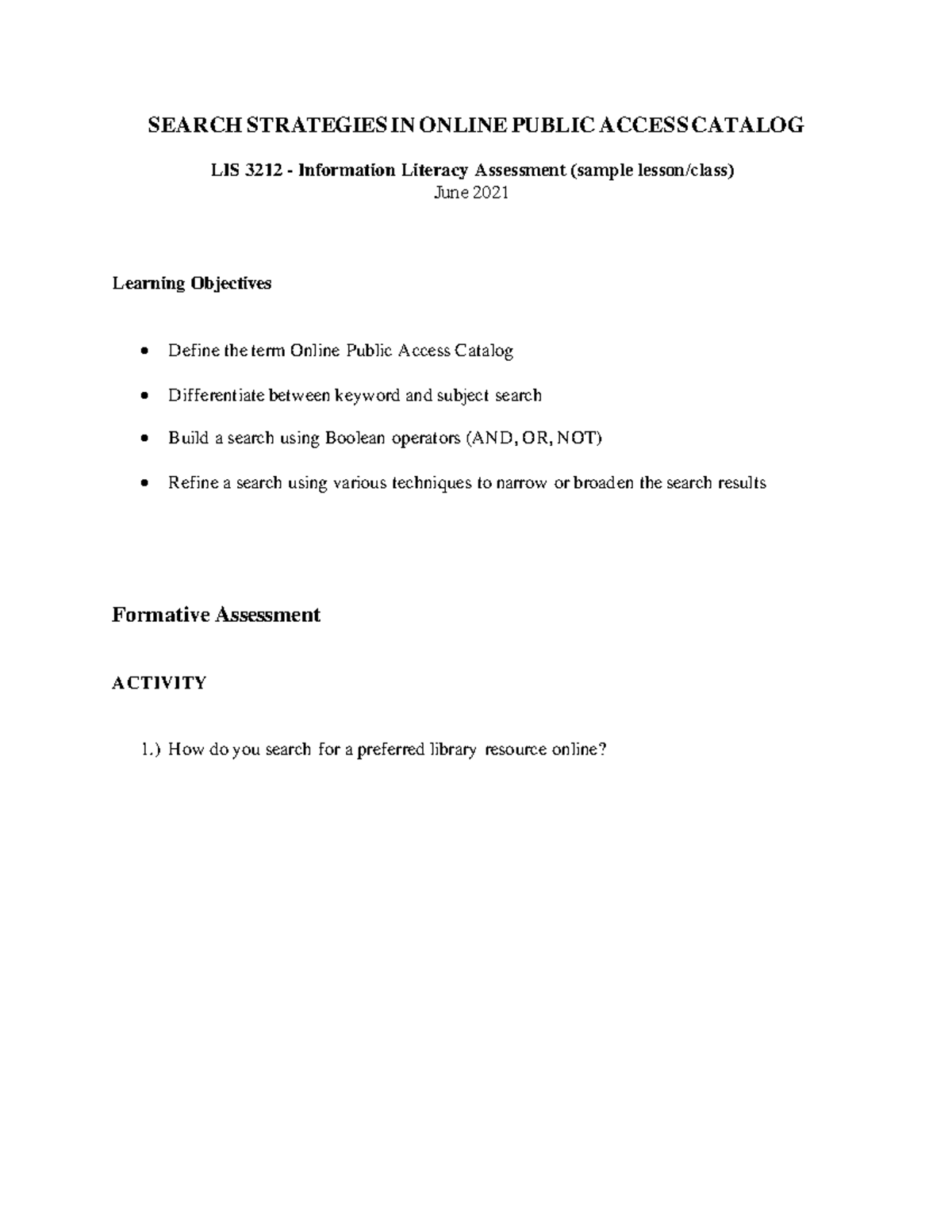 Information Literacy Module (Course Assessment) - SEARCH STRATEGIES IN ...