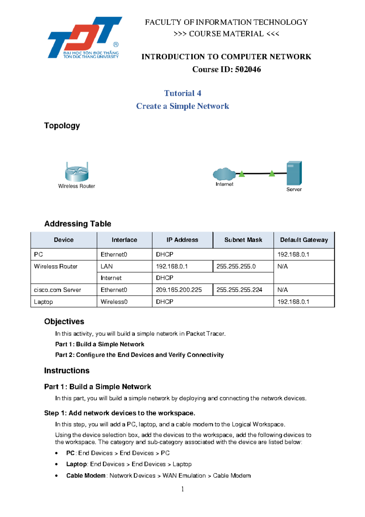 Tutorial 4 - Create a Simple Network - 1 FACULTY OF INFORMATION ...