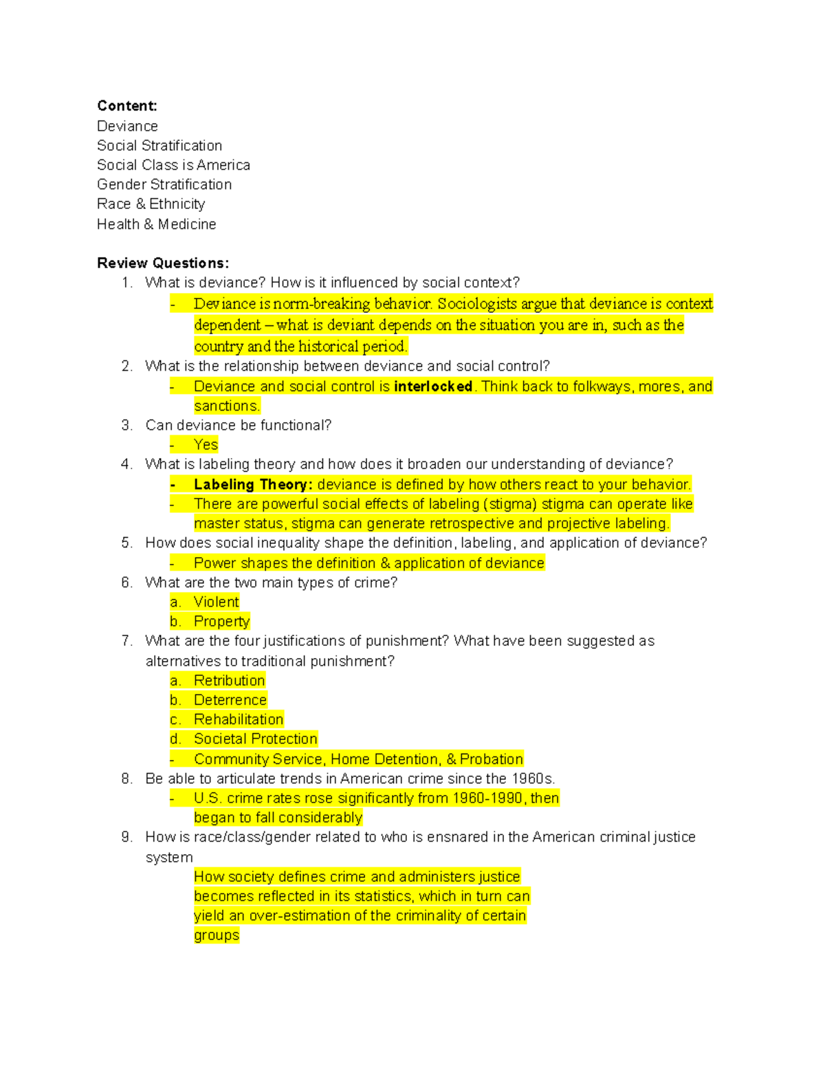 SOC 101 Review Questions - Content: Deviance Social Stratification ...