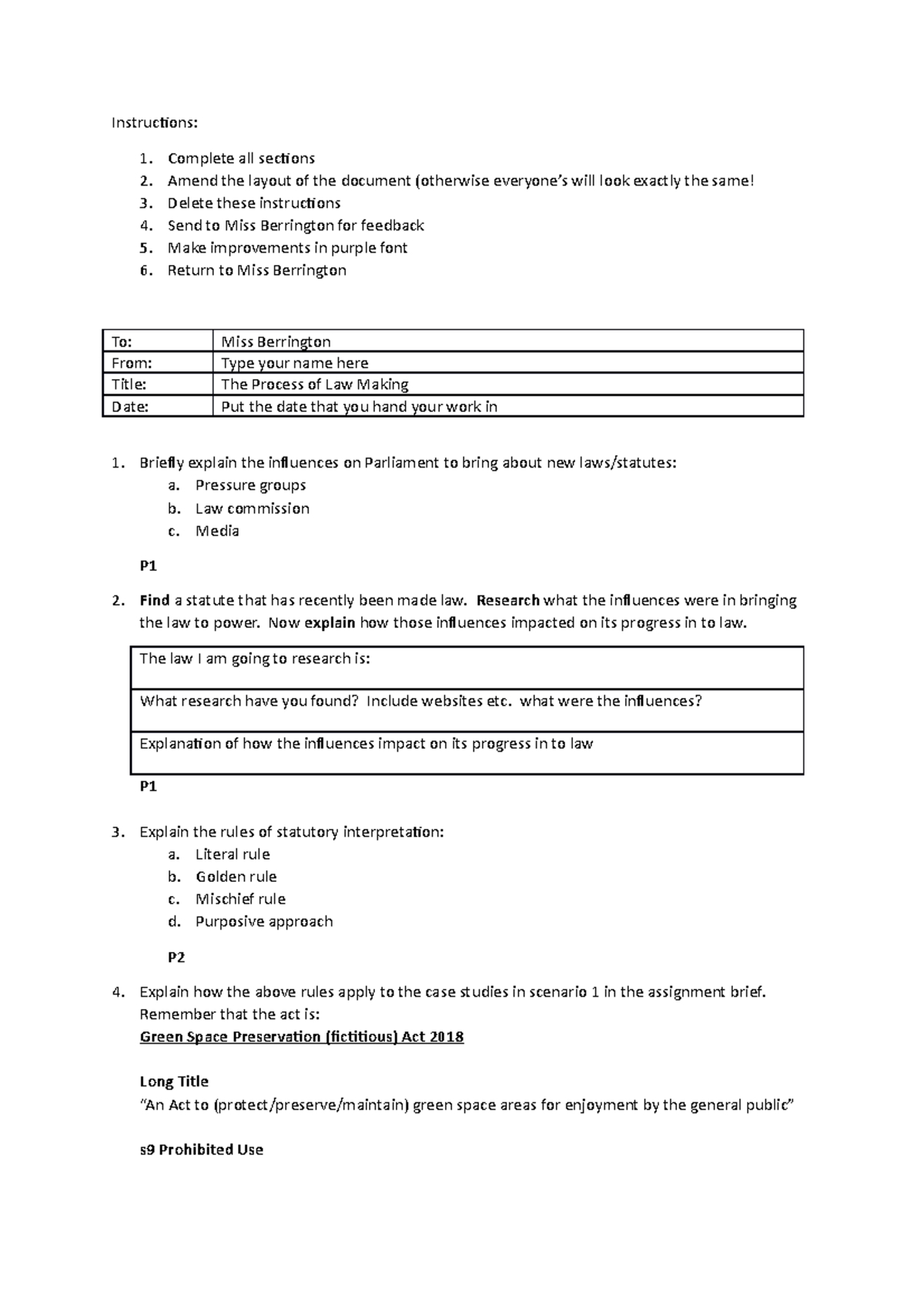 Writing Frame - Instructions: Complete all sections Amend the layout of ...