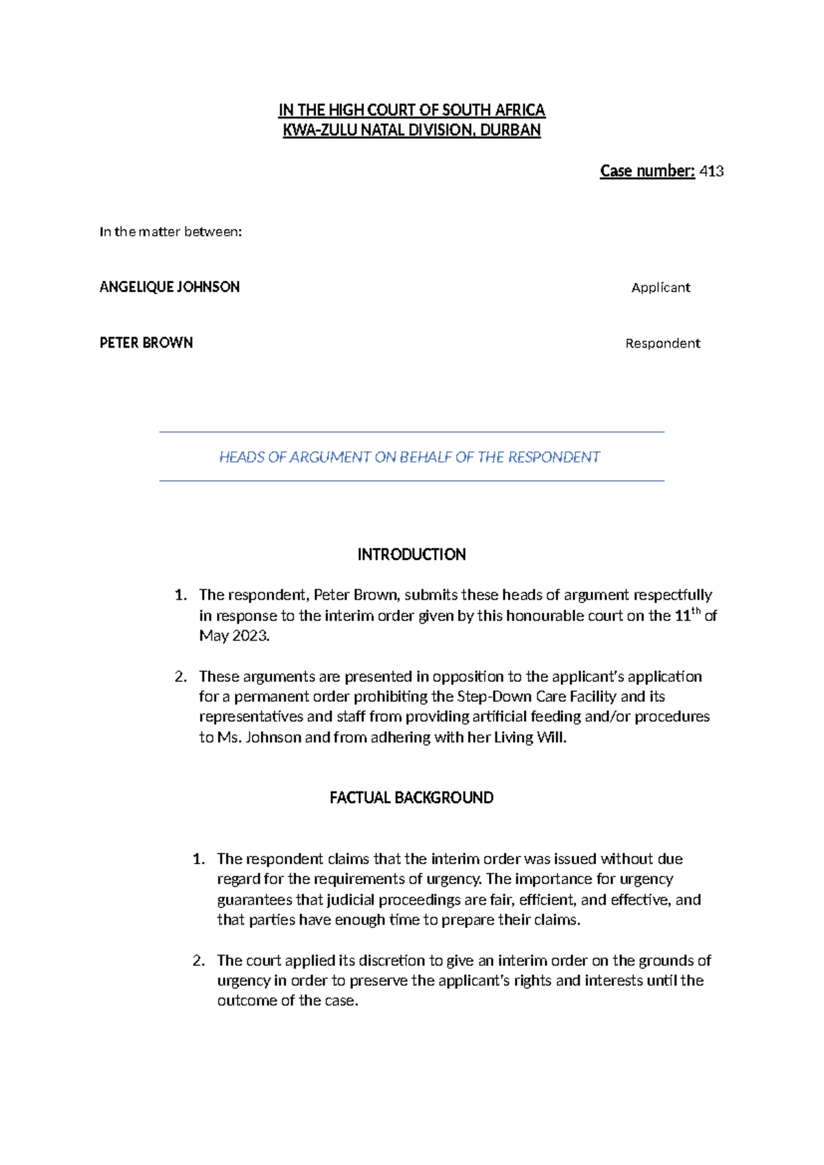 Head of Arguments - Xblaw - IN THE HIGH COURT OF SOUTH AFRICA KWA-ZULU ...