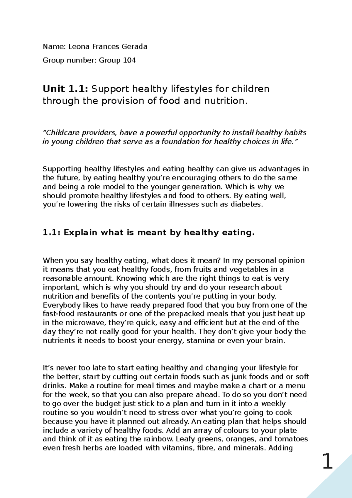 Unit 1.1. Support healthy lifestyles for children through the provision ...