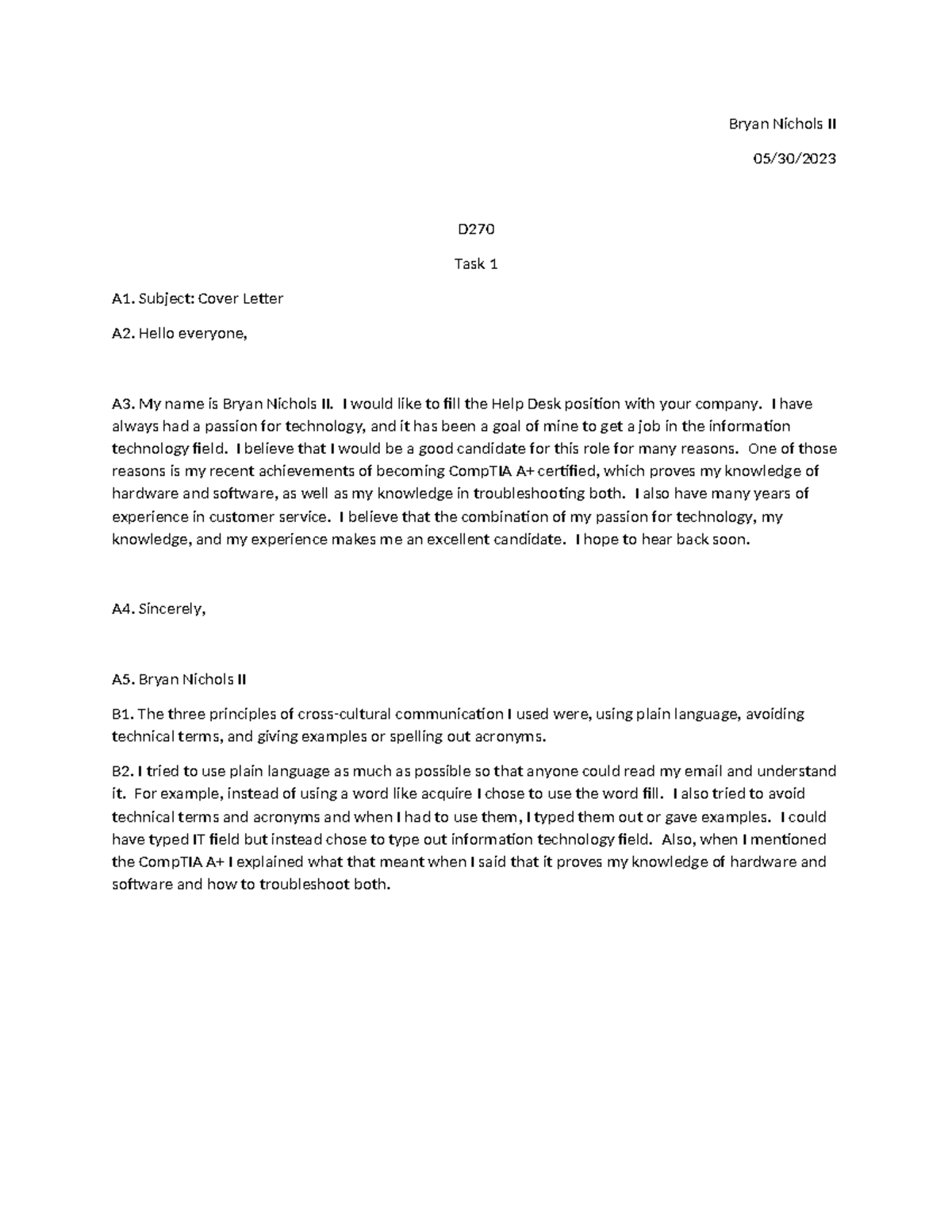 D270 Task 1 - Task 1 - Bryan Nichols II 05/30/ D Task 1 A1. Subject ...