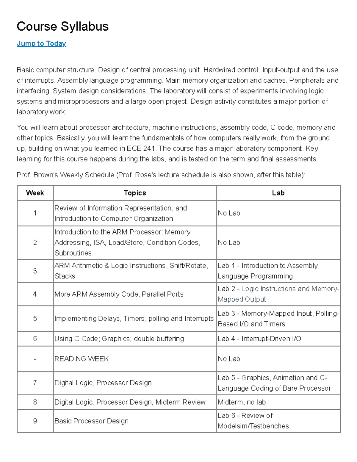 Syllabus for ECE243 2023 Computer Organization - ECE243H1s - U of T - Studocu