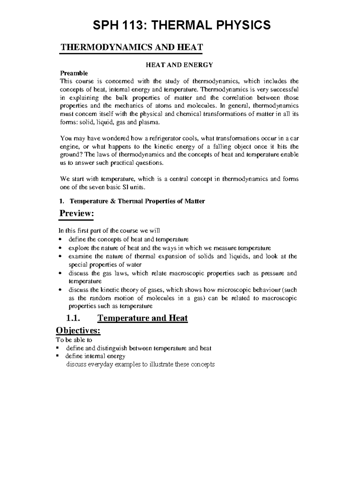 SPH 113 Thermal Physics notes Part One - ####### HEAT AND ENERGY ...