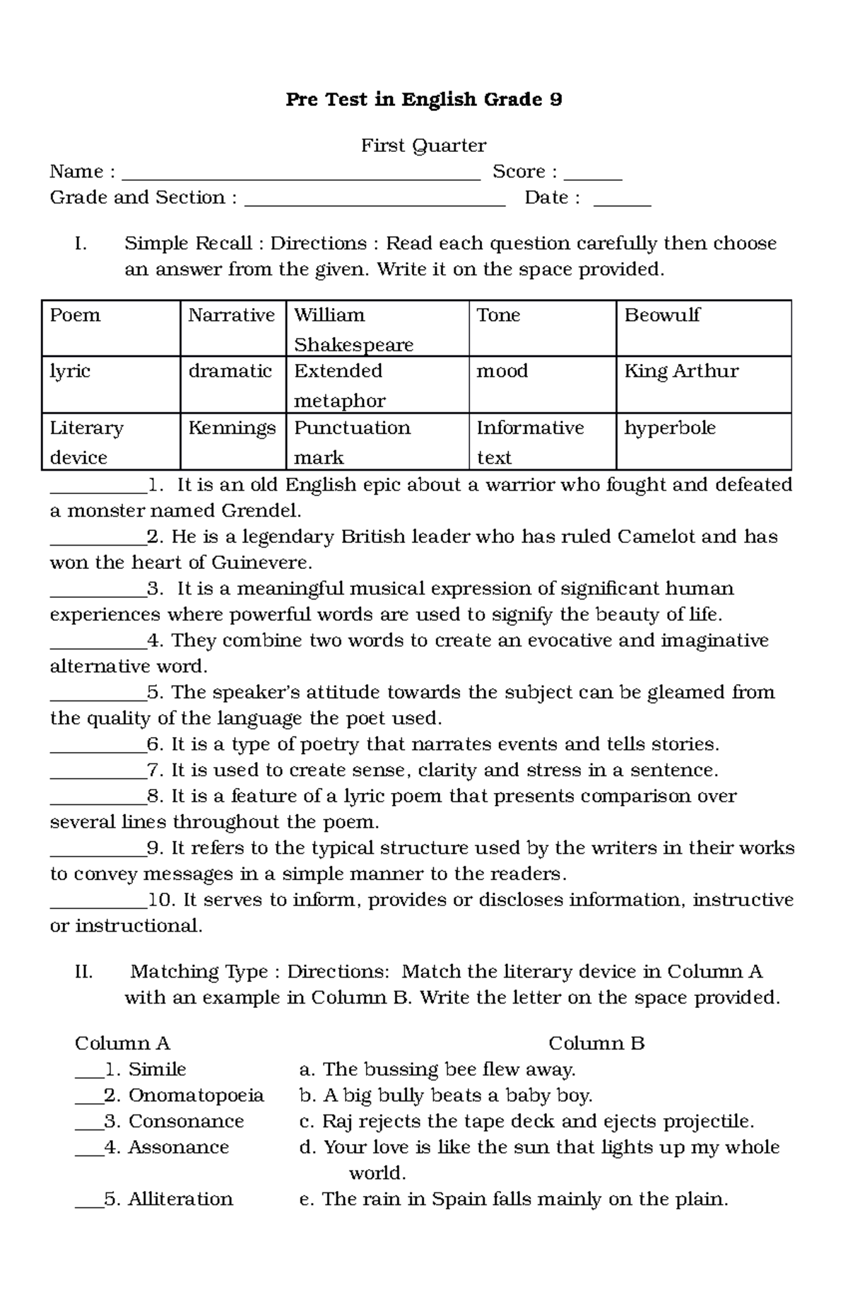 Kupdf - pretest - Pre Test in English Grade 9 First Quarter Name ...