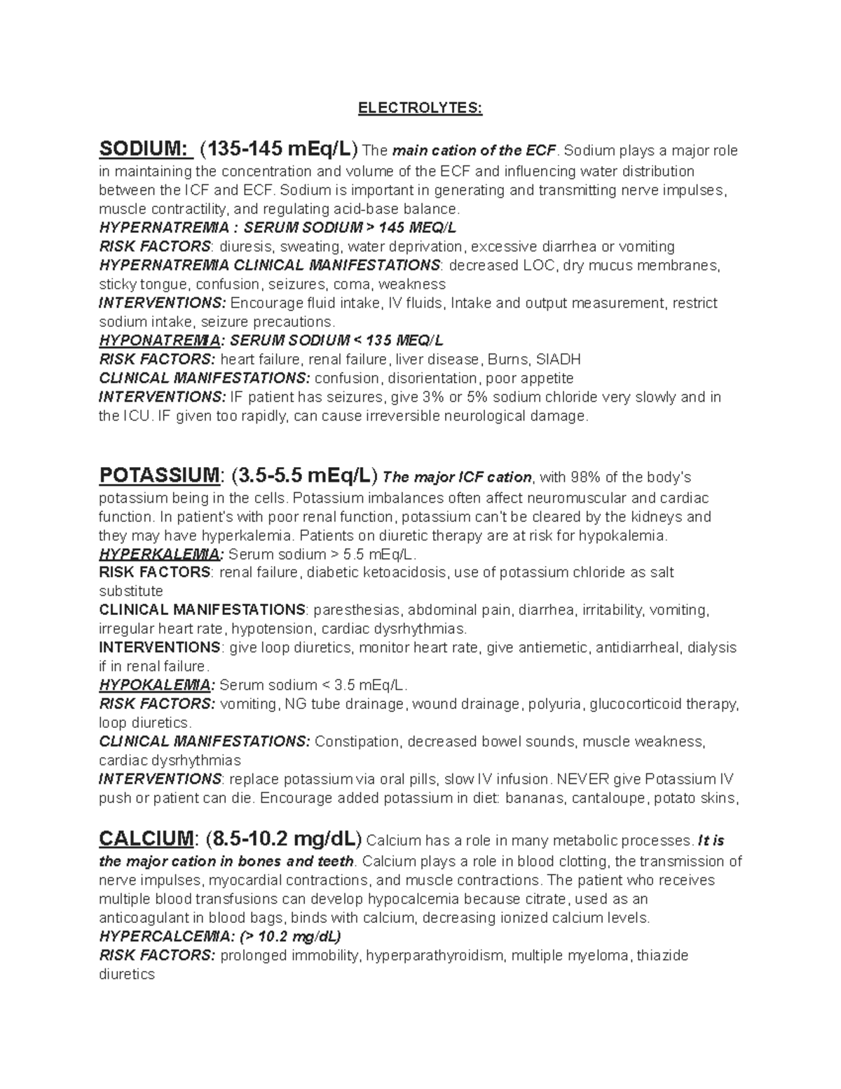 NURS Electrolytes Cheat Sheet - ELECTROLYTES: SODIUM: (135-145 mEq/L ...