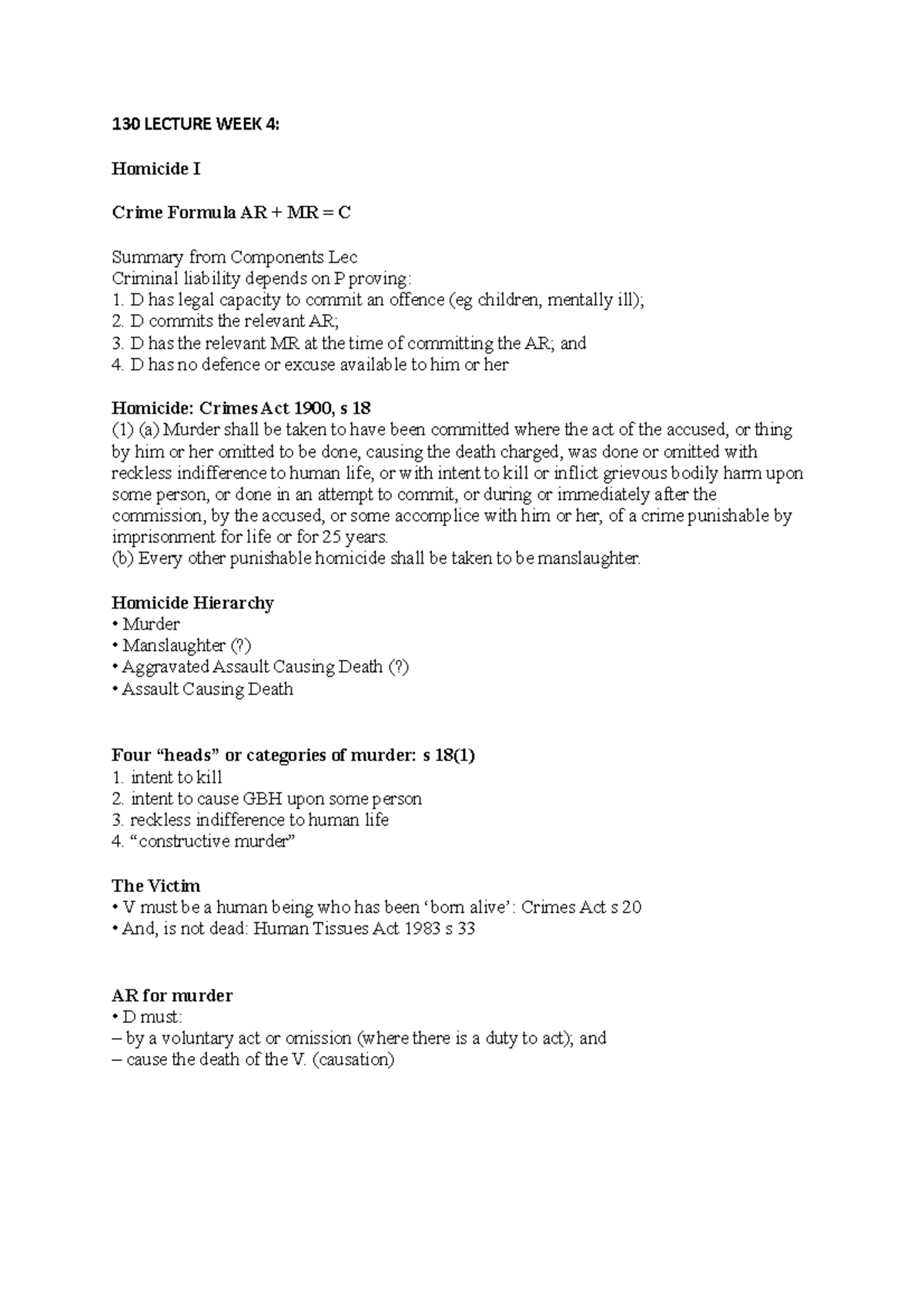 130 Lecture WEEK 4 - 130 LECTURE WEEK 4: Homicide I Crime Formula AR ...